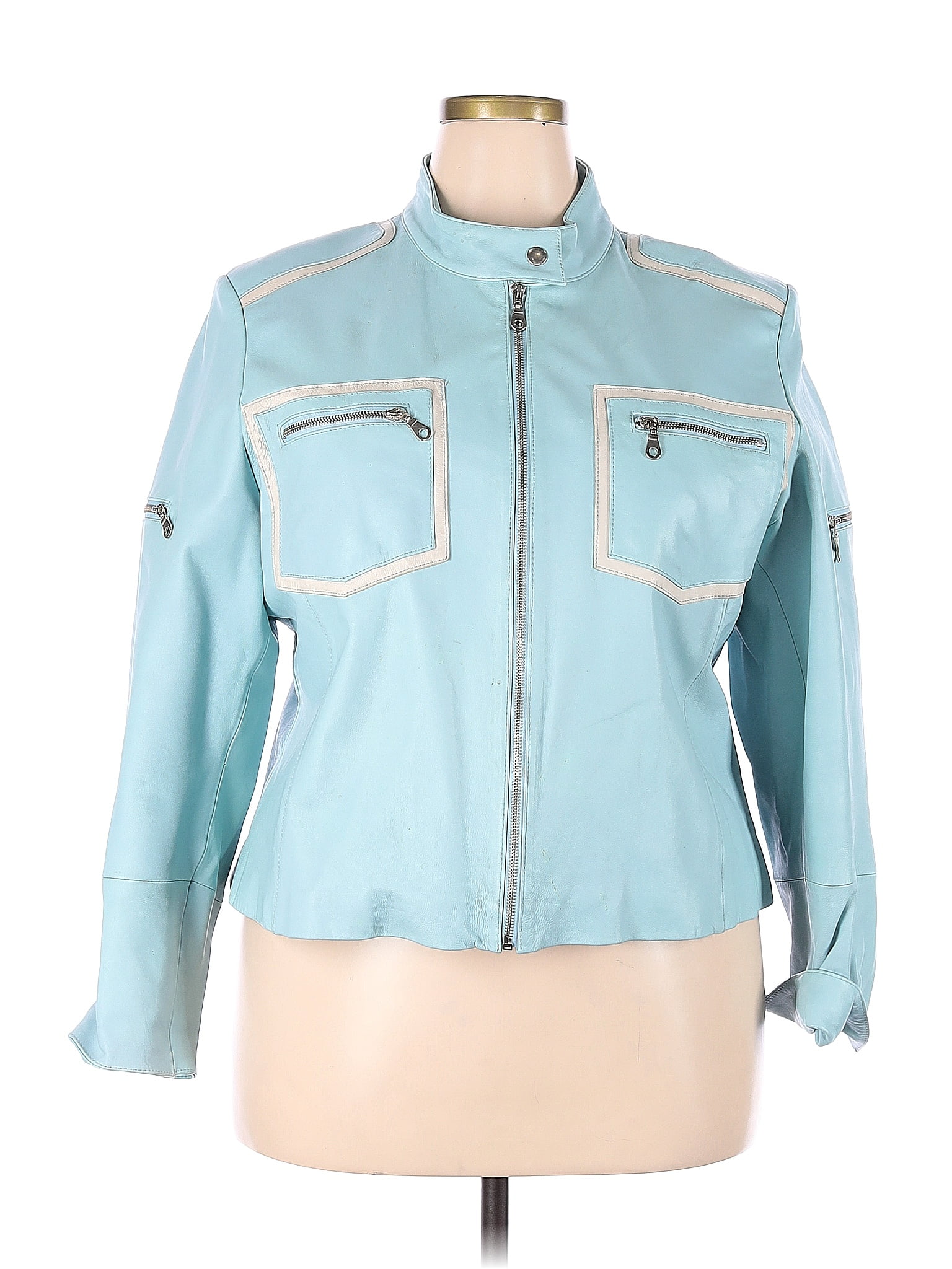 Pamela McCoy 100% Leather Solid Blue Leather Jacket Size 2X (Plus) - 62 ...