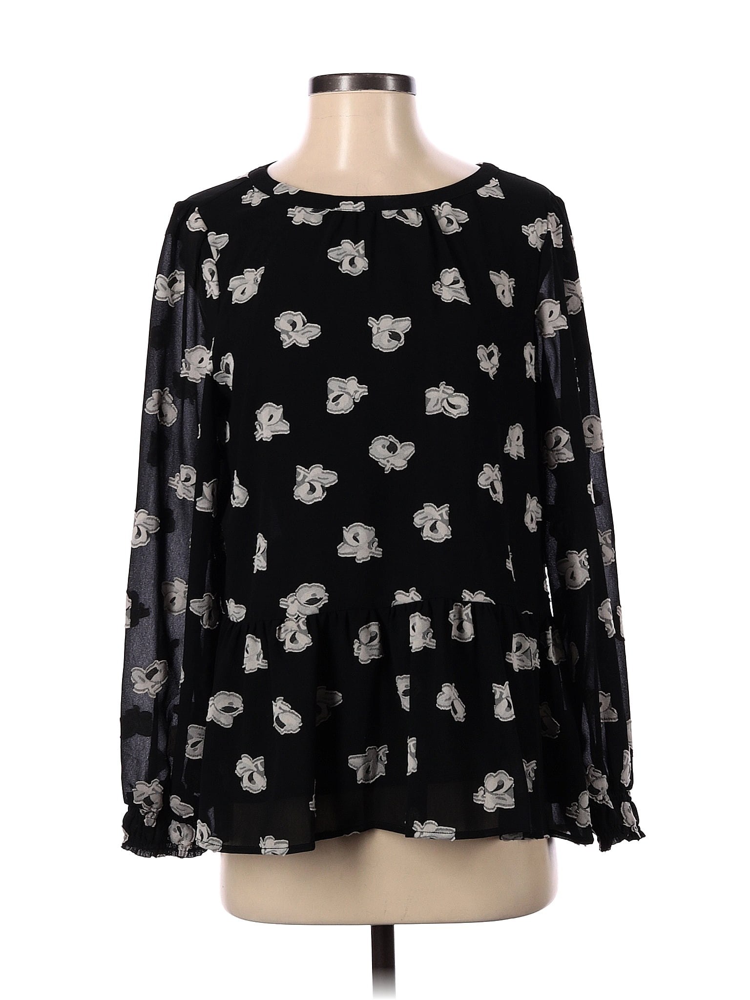 Ann Taylor Loft 100 Polyester Floral Black Long Sleeve Blouse Size S