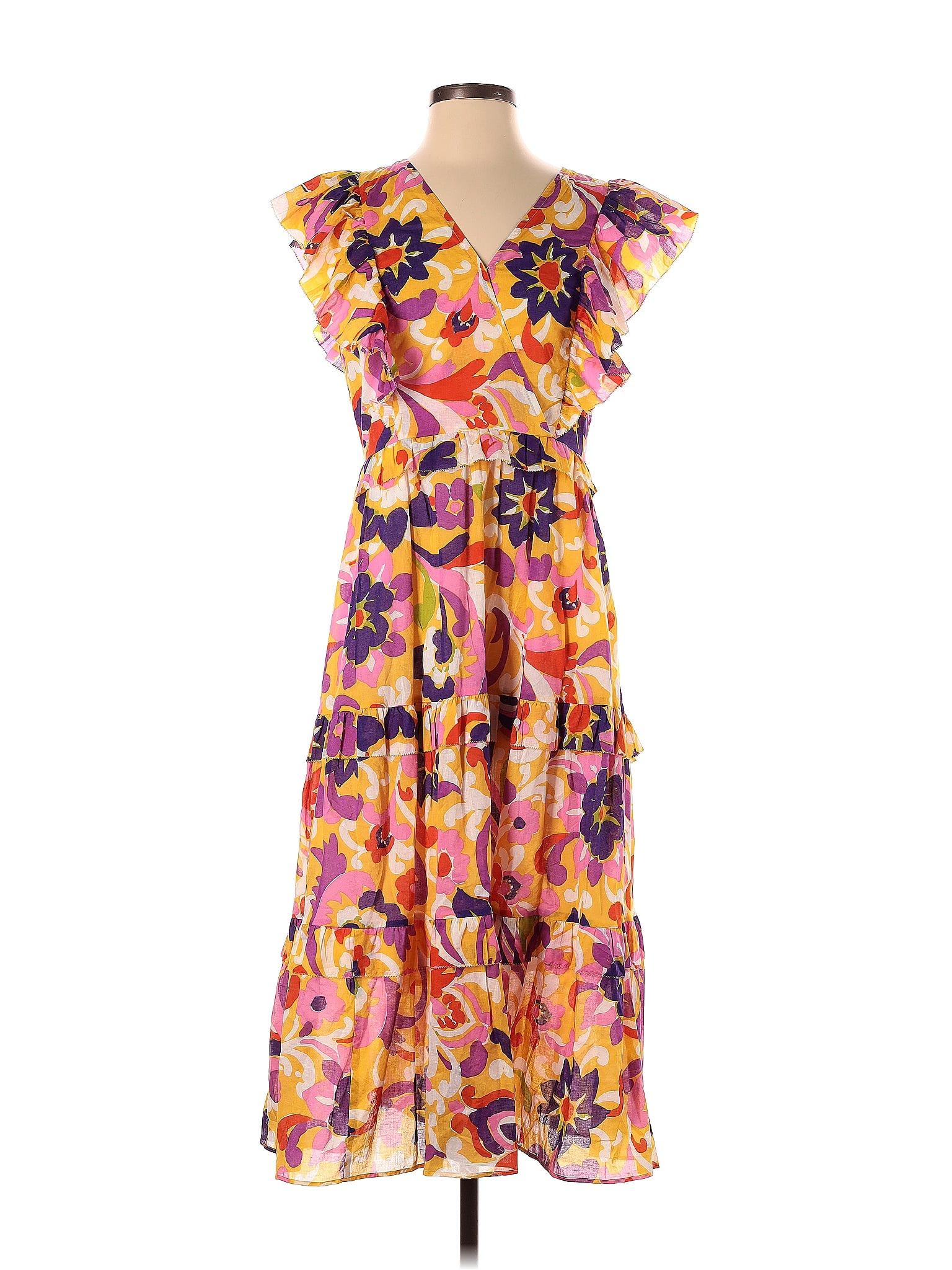 J Crew Collection 100 Cotton Floral Multi Color Yellow Casual Dress
