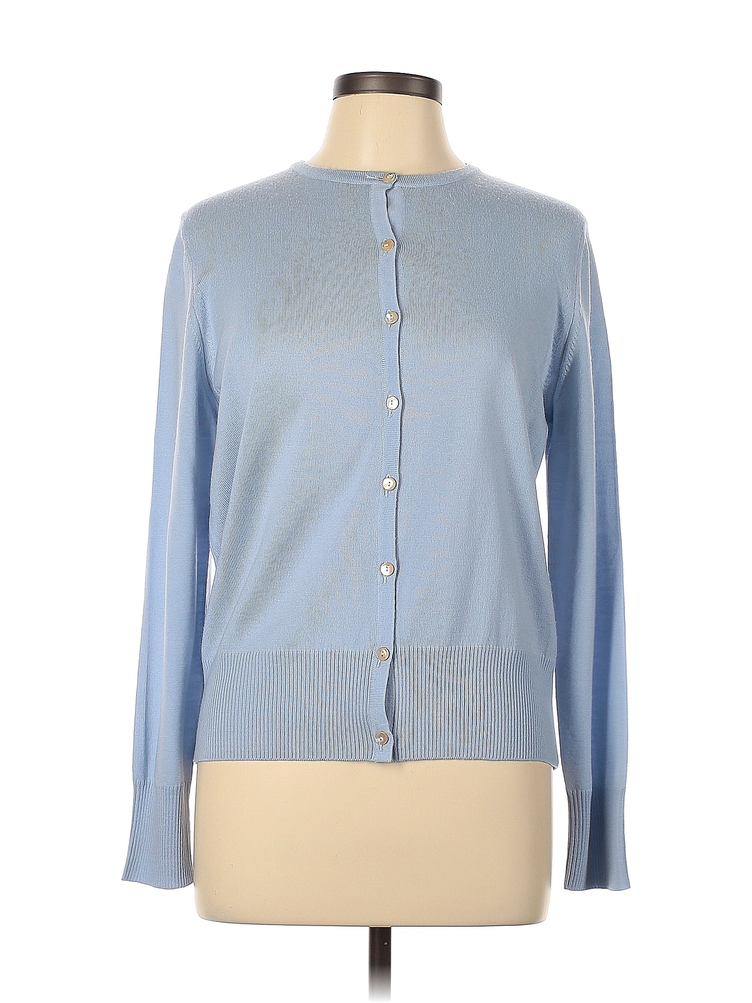 Kate Hill 100% Merino Wool Color Block Solid Blue Wool Cardigan Size L ...