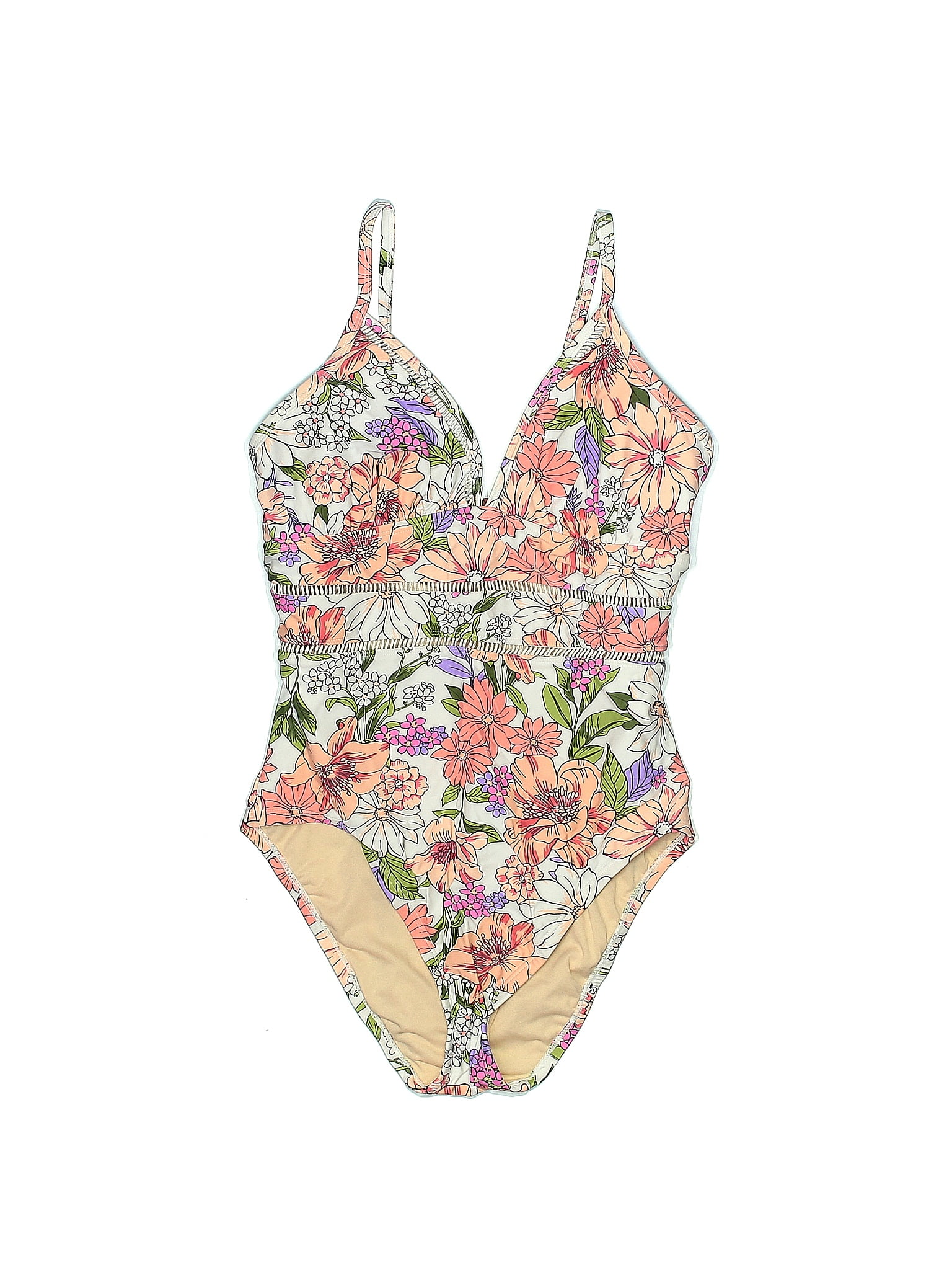 Kona Sol 100% Polyester Floral Multi Color Ivory One Piece Swimsuit ...