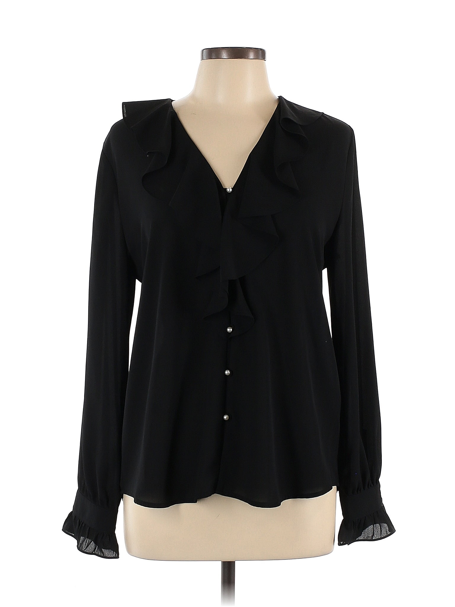 Karl Lagerfeld Paris 100 Polyester Solid Black Long Sleeve Blouse Size