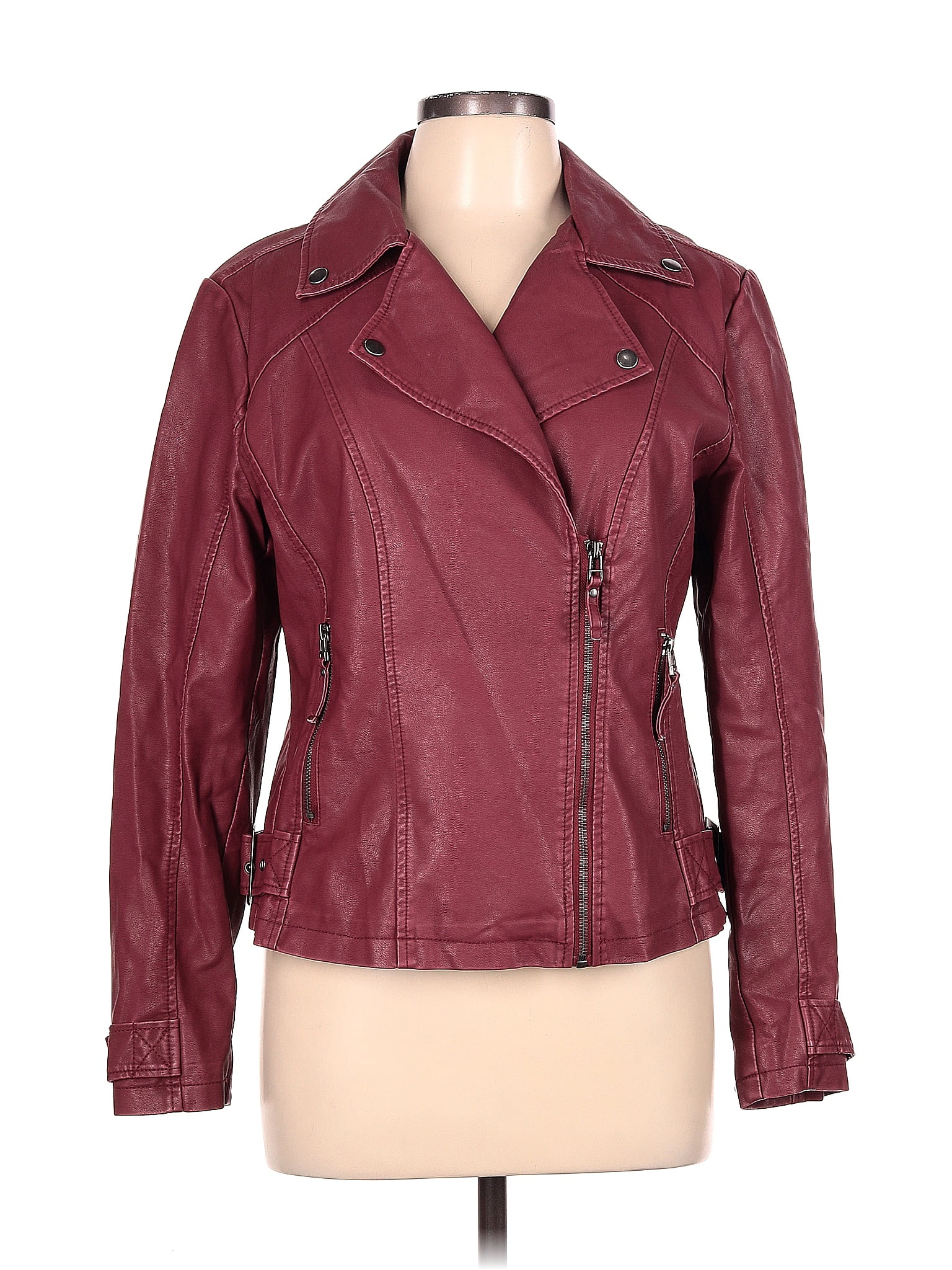 Max Studio 100% Polyurethane Solid Maroon Burgundy Faux Leather Jacket ...