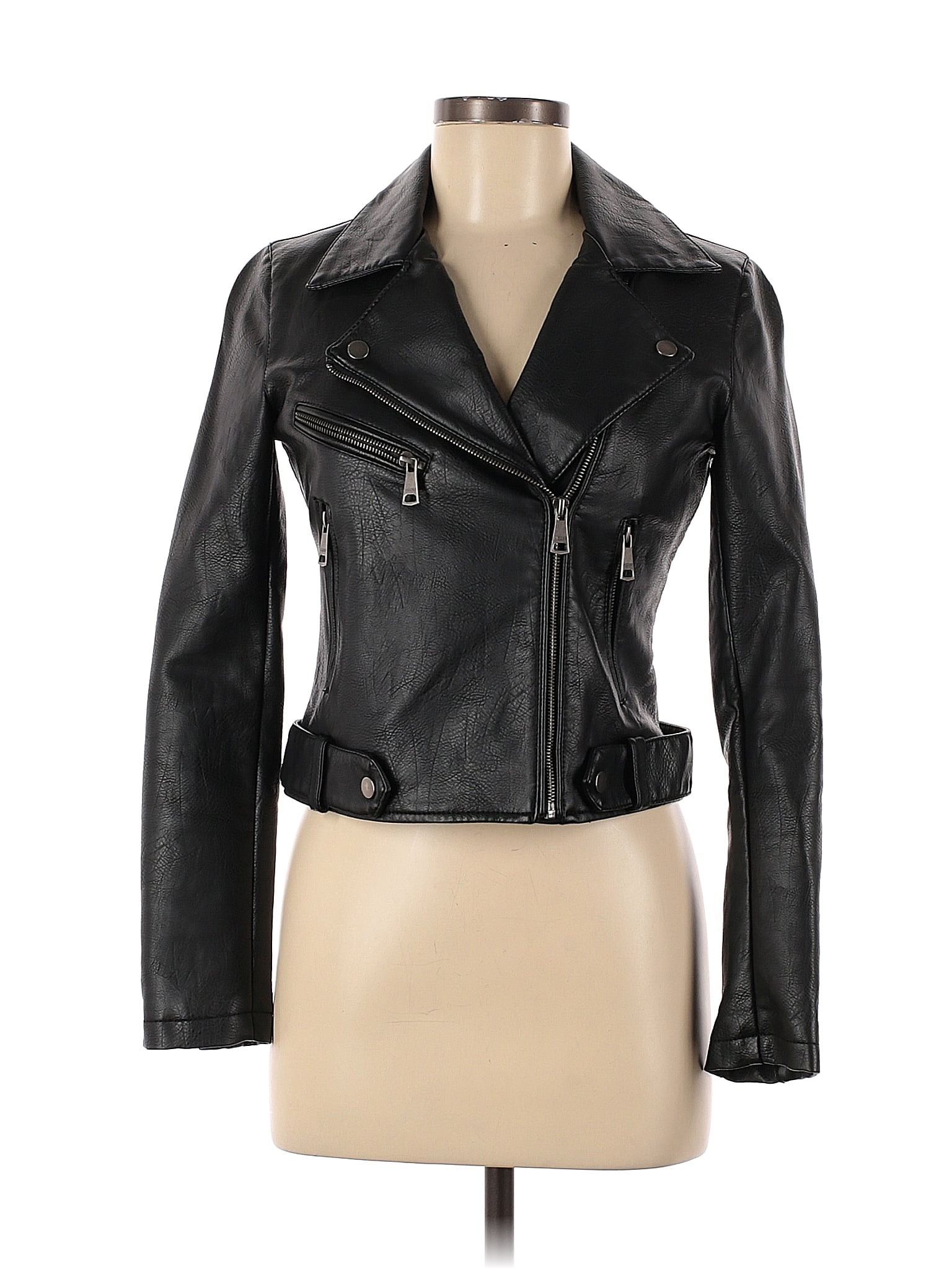 Vigoss 100% Polyurethane Solid Black Leopard Collar Faux Leather Jacket ...