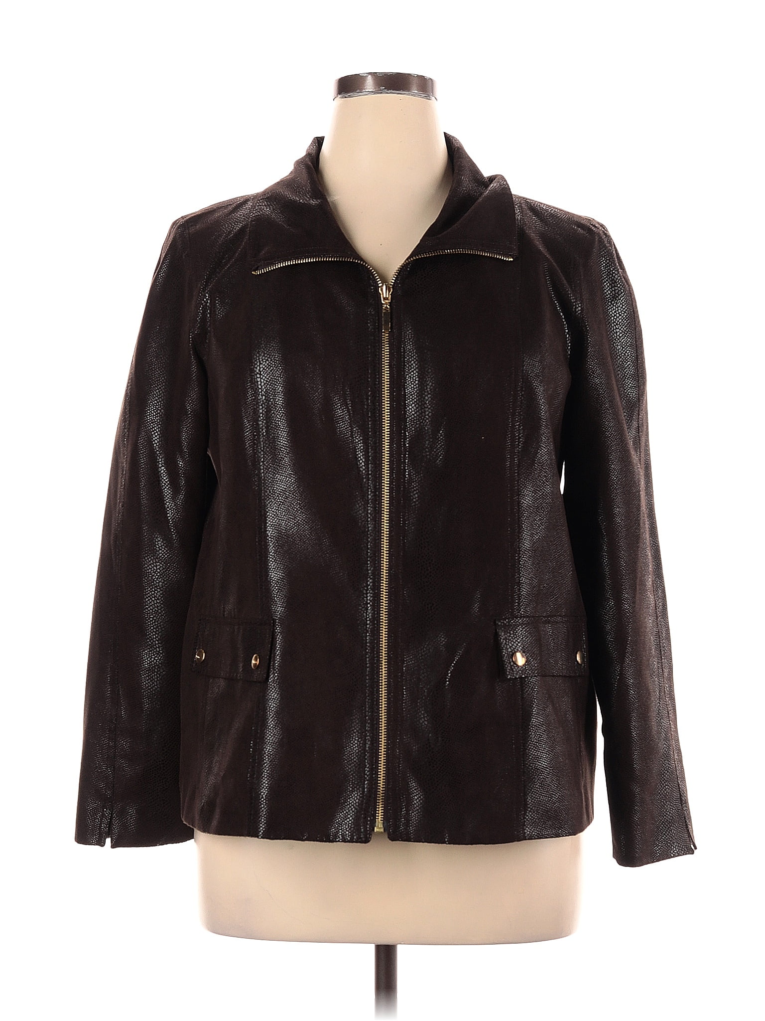 JM Collection 100% Polyester Solid Brown Faux Leather Jacket Size 14 ...