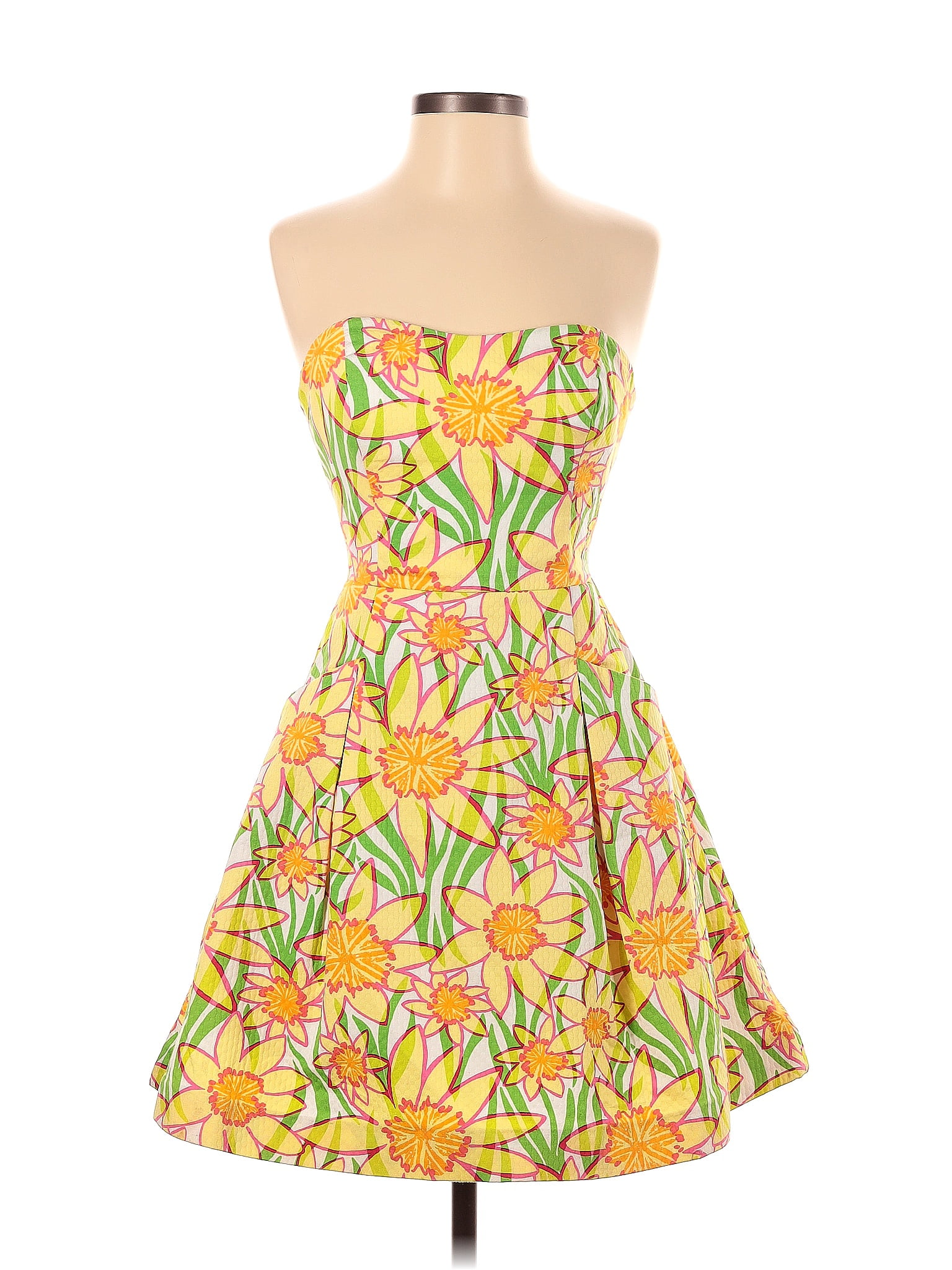 Lilly Pulitzer 100 Cotton Floral Multi Color Yellow Cocktail Dress