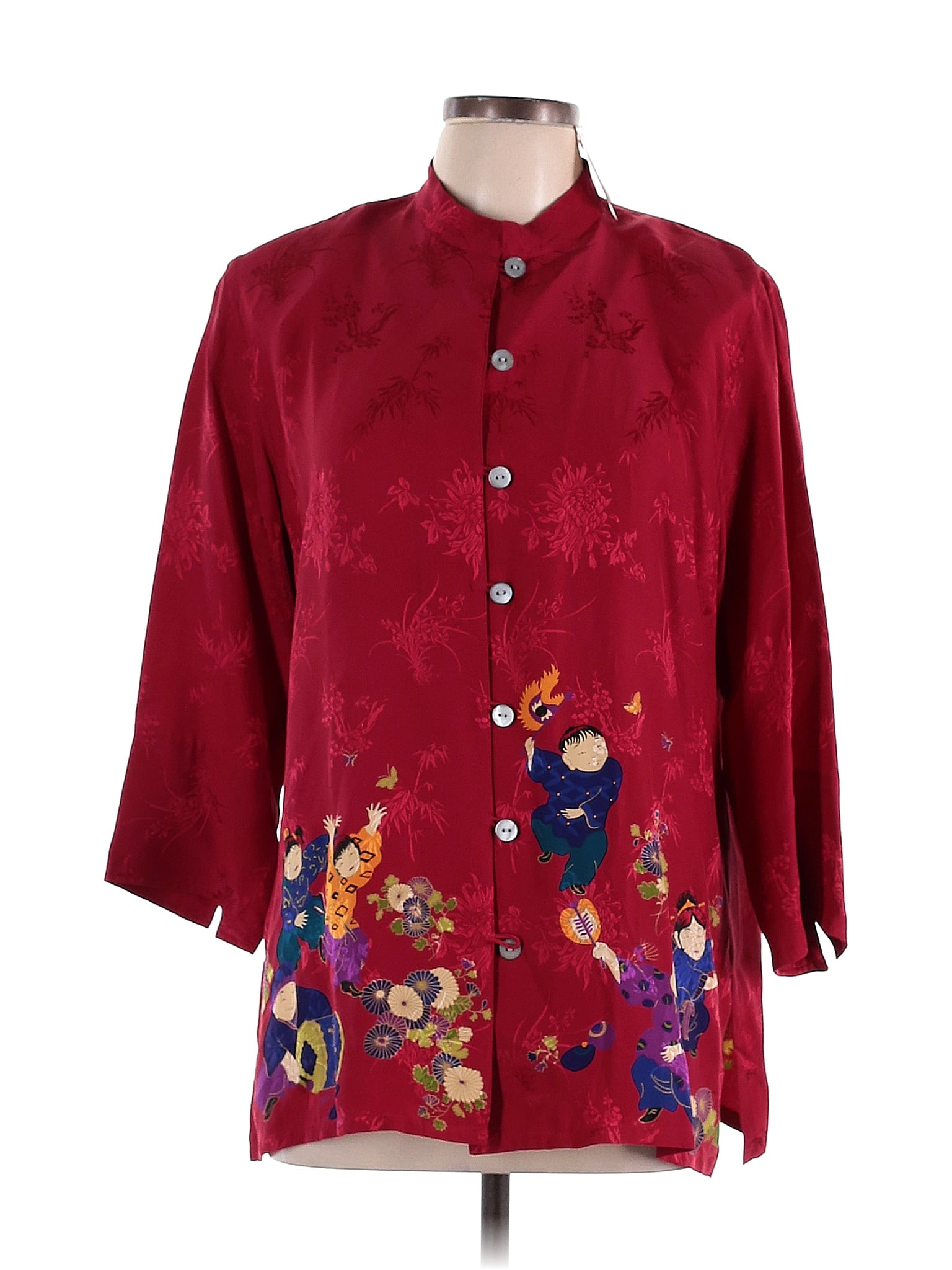 Chico's Design 100% Silk Floral Red Burgundy 3/4 Sleeve Silk Top Size ...