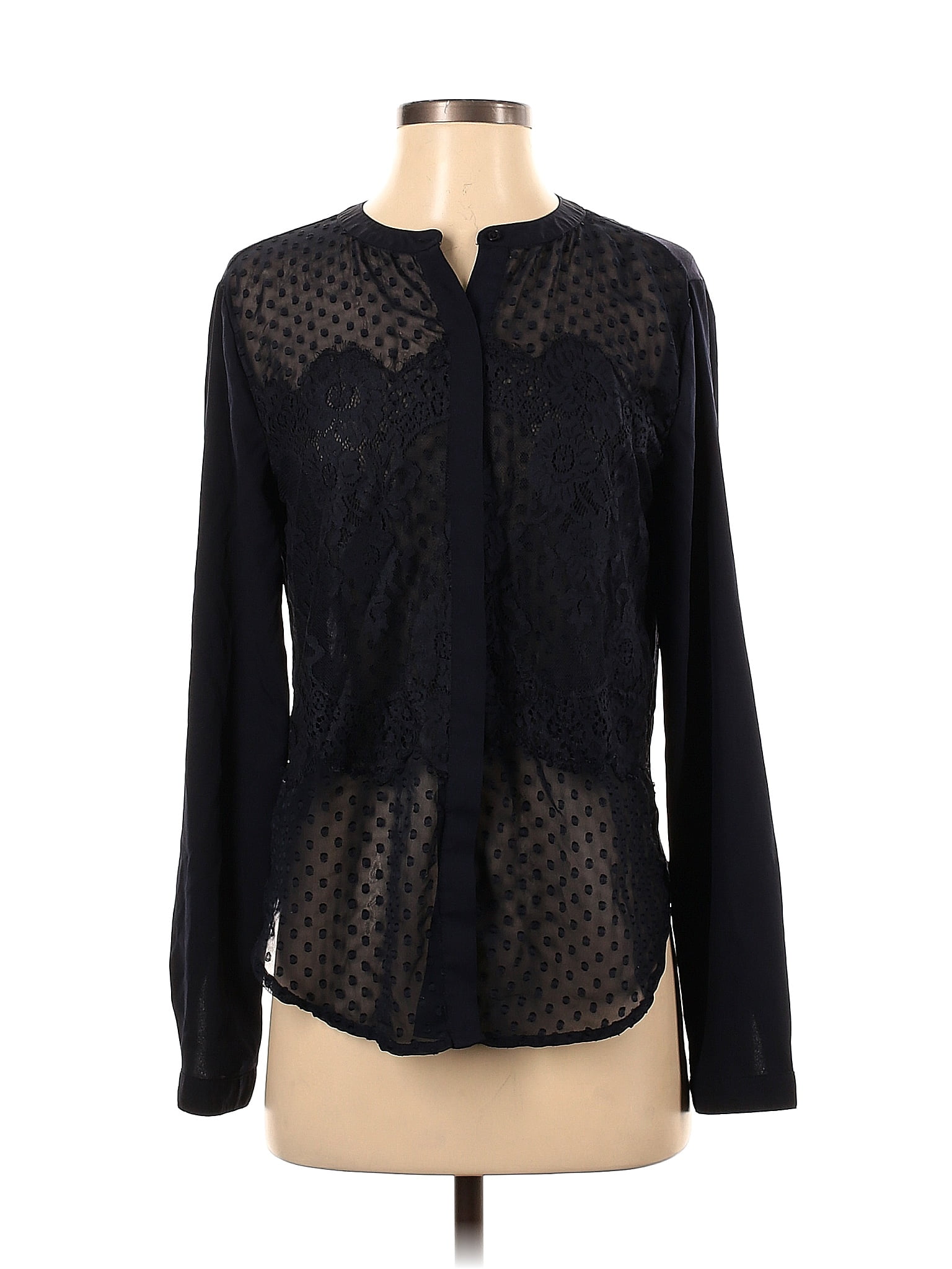 Ann Taylor 100 Rayon Polka Dots Navy Black Long Sleeve Blouse Size S