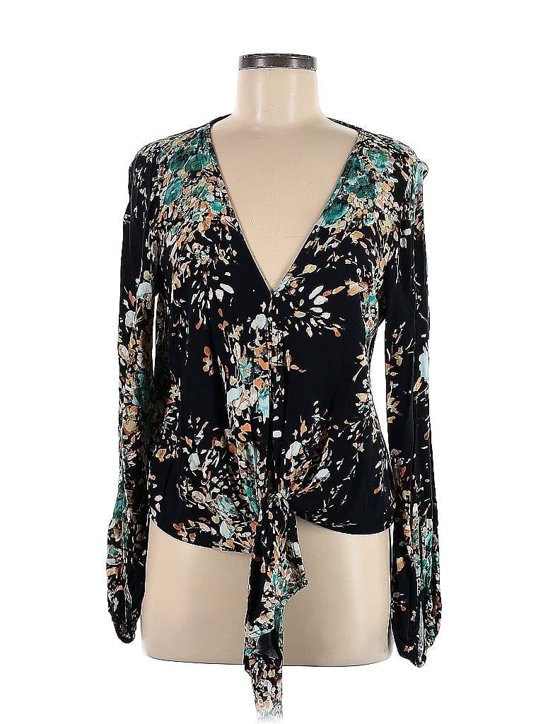 Lovestitch 100 Rayon Floral Black Teal Long Sleeve Blouse Size M 52