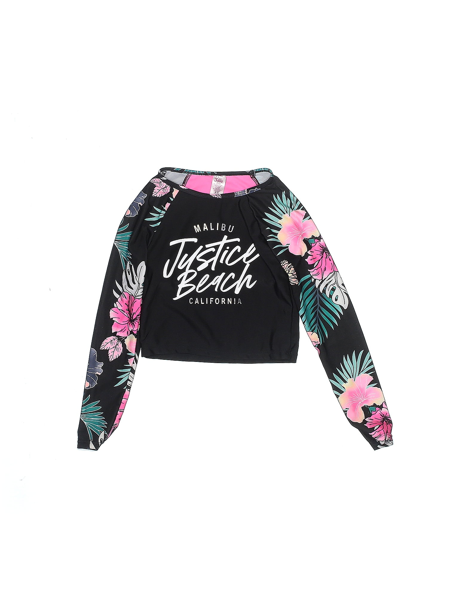 Justice 100% Recycled Polyester Floral Black Rash Guard Size 5 - 6 - 44 ...