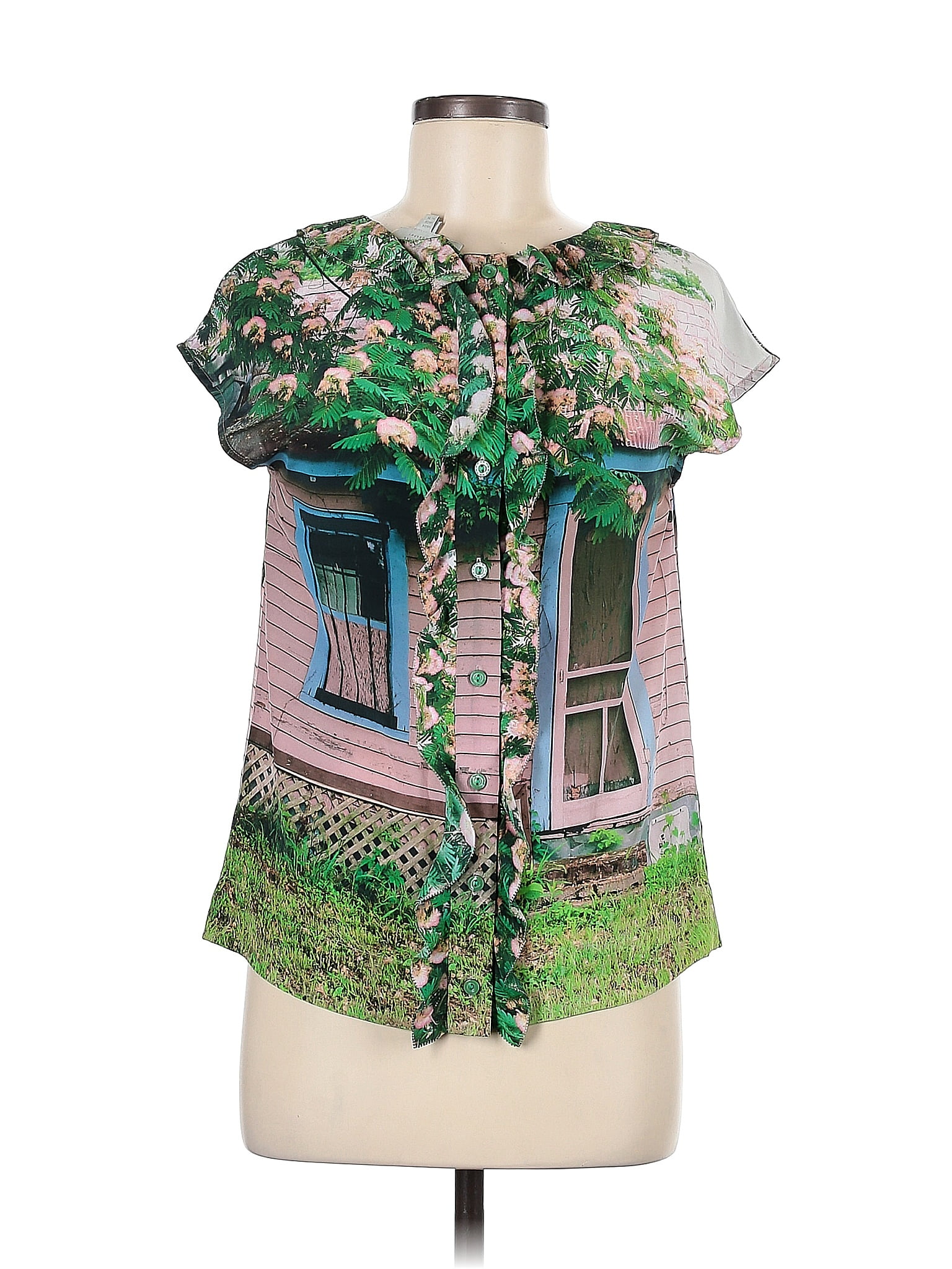 Sarah Ball Photography 100% Silk Tropical Green Sleeveless Blouse Size ...