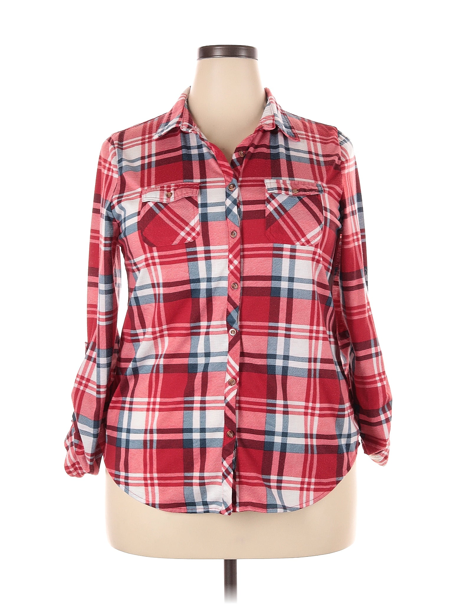 Passport 100 Polyester Plaid Red Long Sleeve Blouse Size Xxl 52 Off