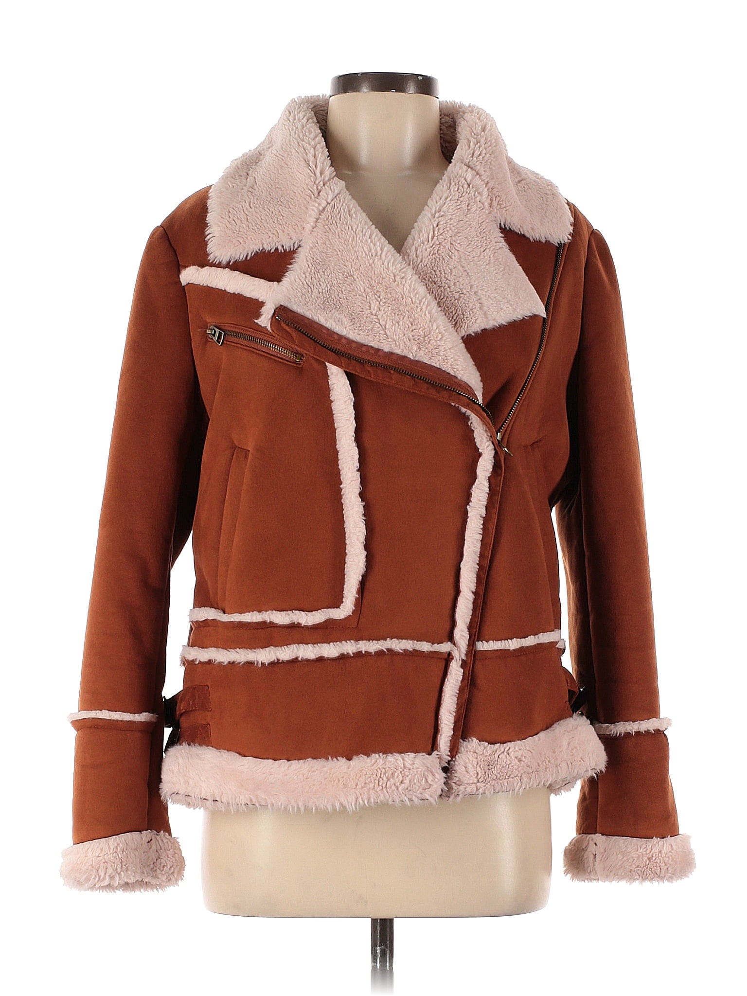 Halogen 100% Polyester Solid Brown Tan Faux Shearling Moto Jacket Size ...