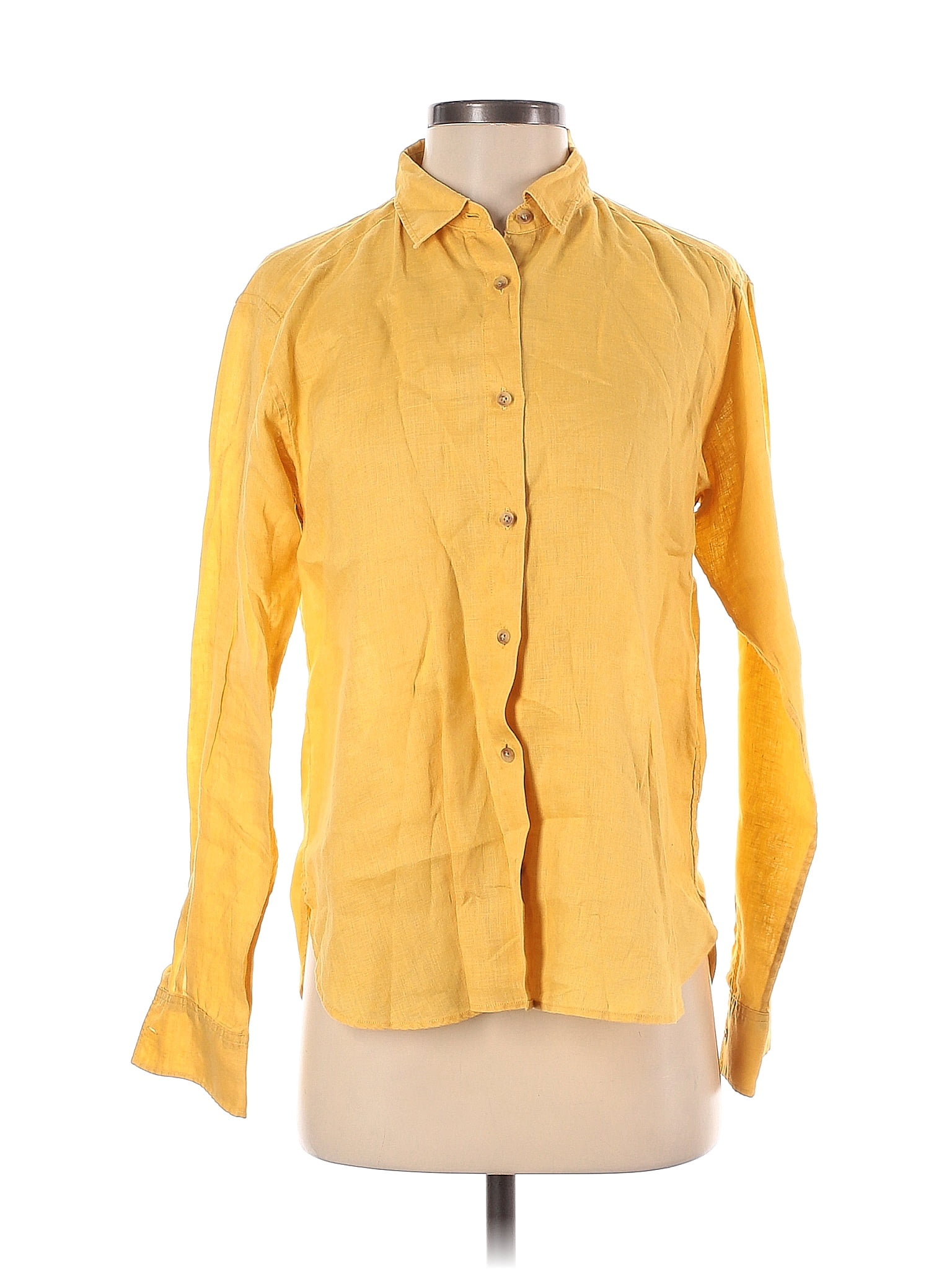 Uniqlo 100 Linen Checkered Gingham Yellow Long Sleeve Button Down