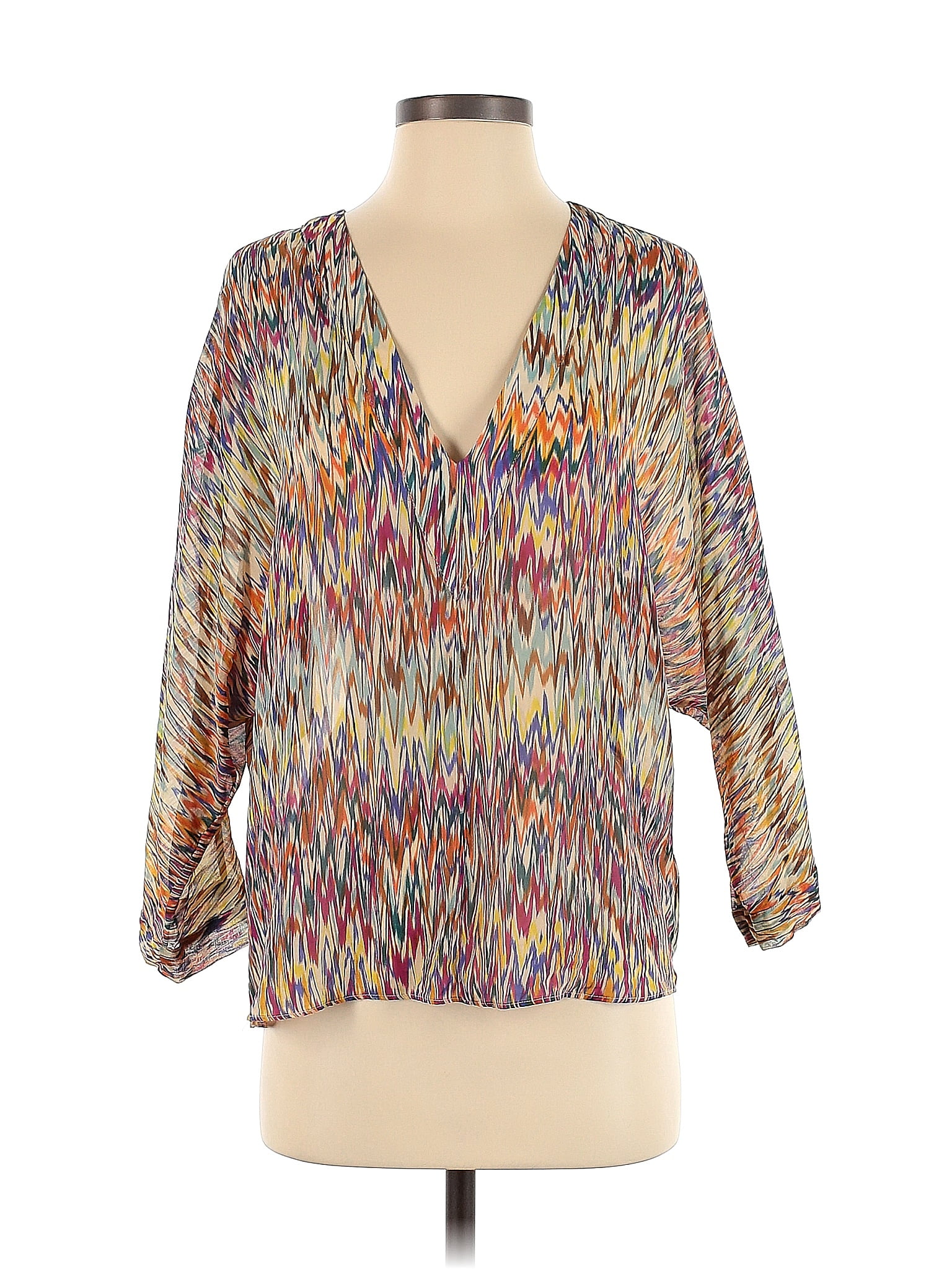 Rory Beca 100% Silk Chevron-herringbone Chevron Tan Long Sleeve Blouse ...