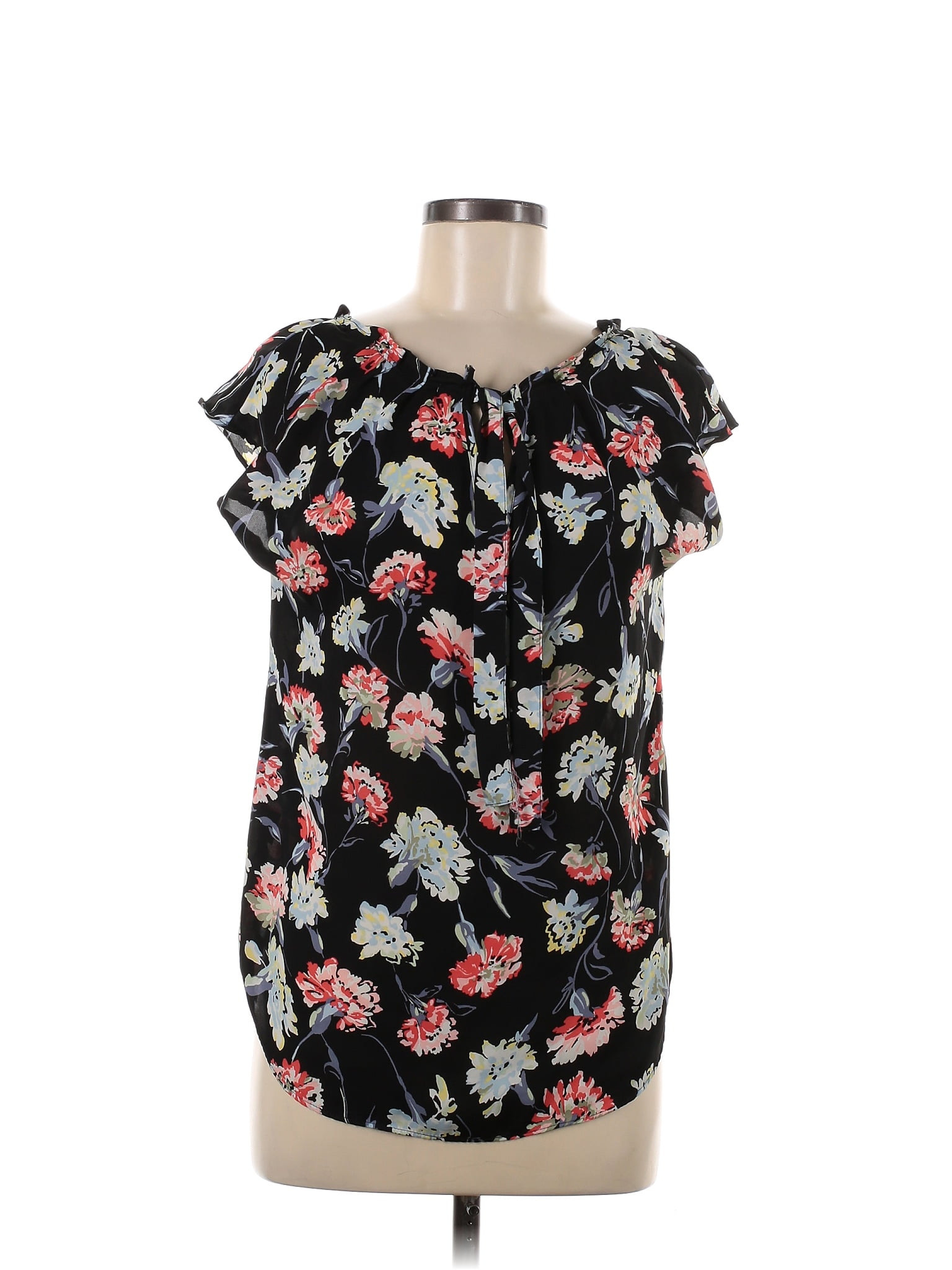 Lc Lauren Conrad 100 Polyester Floral Black Short Sleeve Blouse Size M