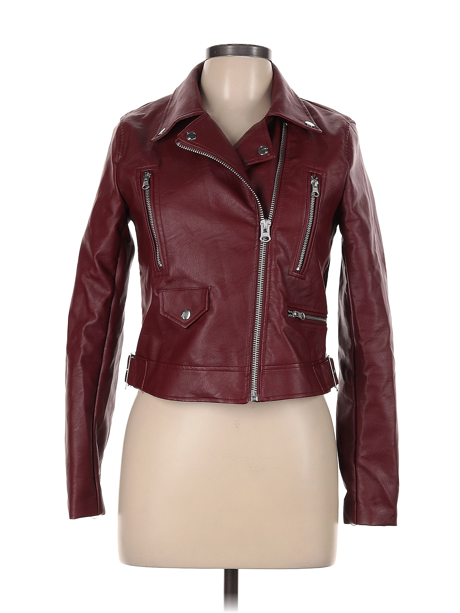 Love Tree 100% Polyurethane Solid Maroon Burgundy Faux Leather Jacket ...