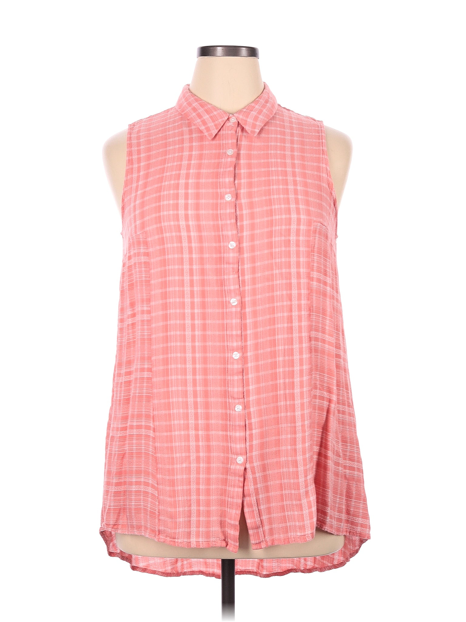 Como Vintage 100 Rayon Checkered Gingham Pink Sleeveless Button Down