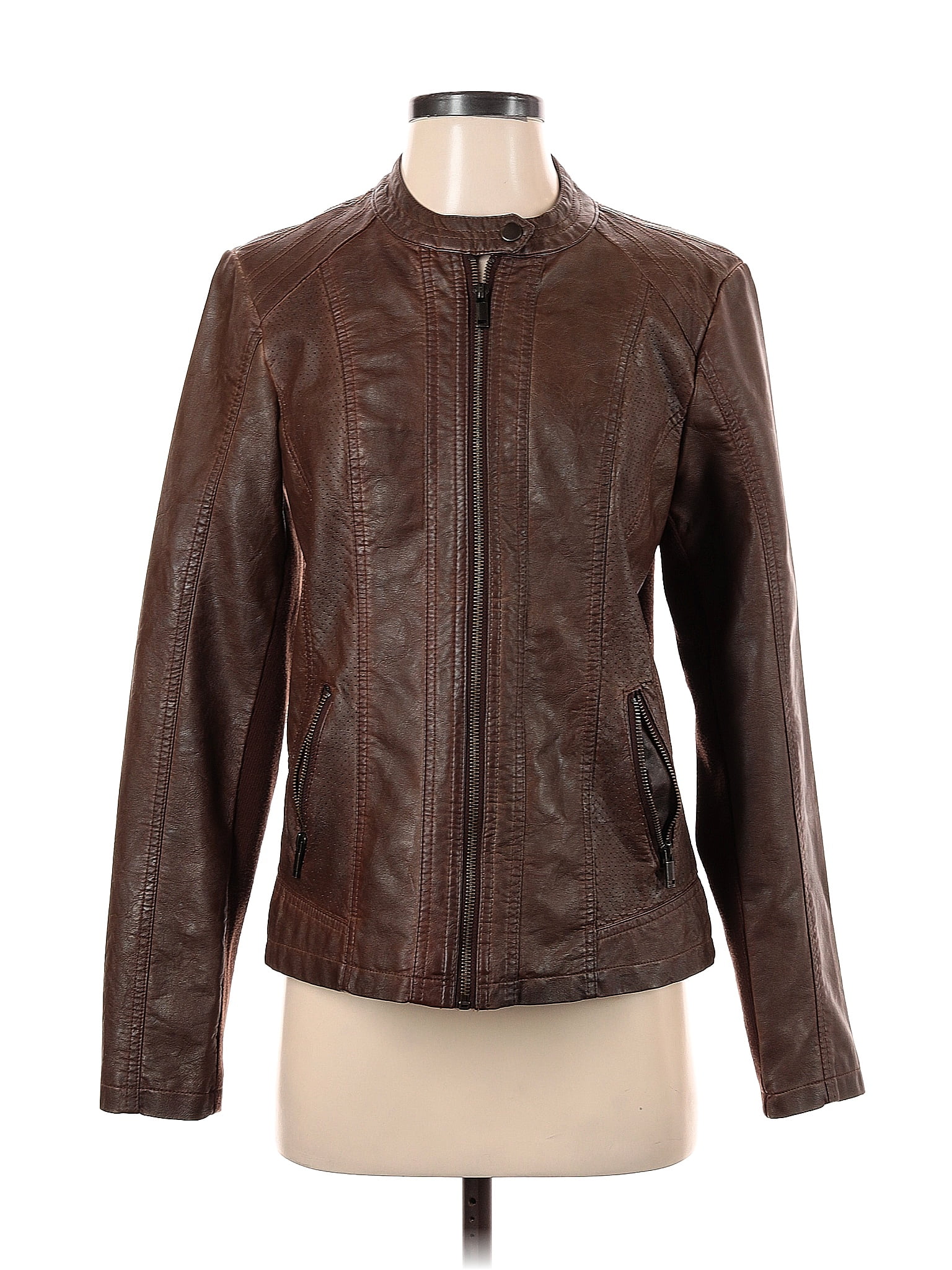 Valerie Stevens 100% Polyurethane Solid Brown Faux Leather Jacket Size ...
