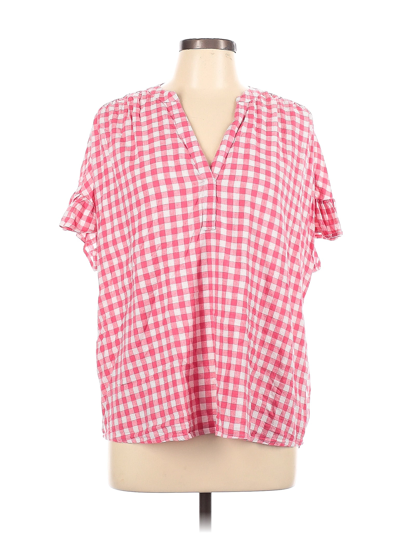 Crown And Ivy Checkered Gingham Pink Short Sleeve Blouse Size L 52 Off