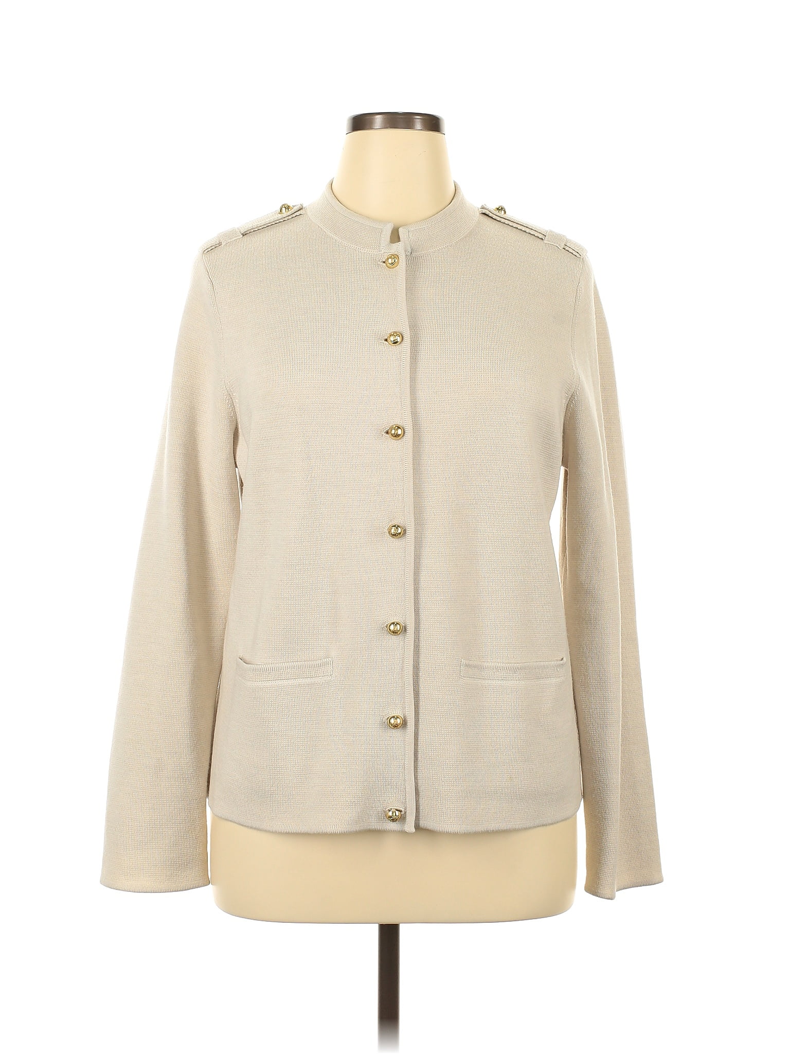 Talbots 100% Merino Wool Color Block Solid Tan Ivory Wool Cardigan Size ...