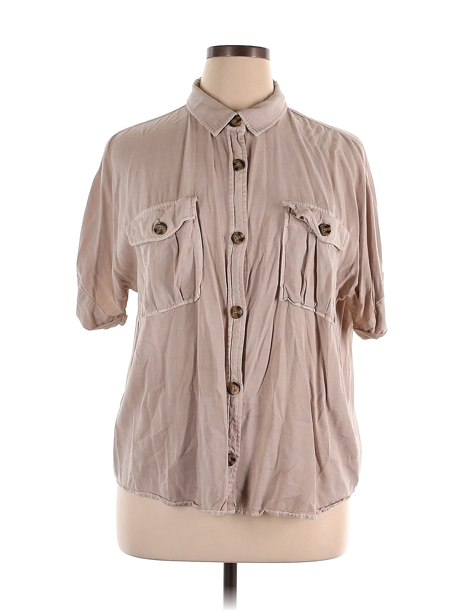 Maurices 100% Rayon Solid Tan Short Sleeve Button-Down Shirt Size XL - 41% off | ThredUp