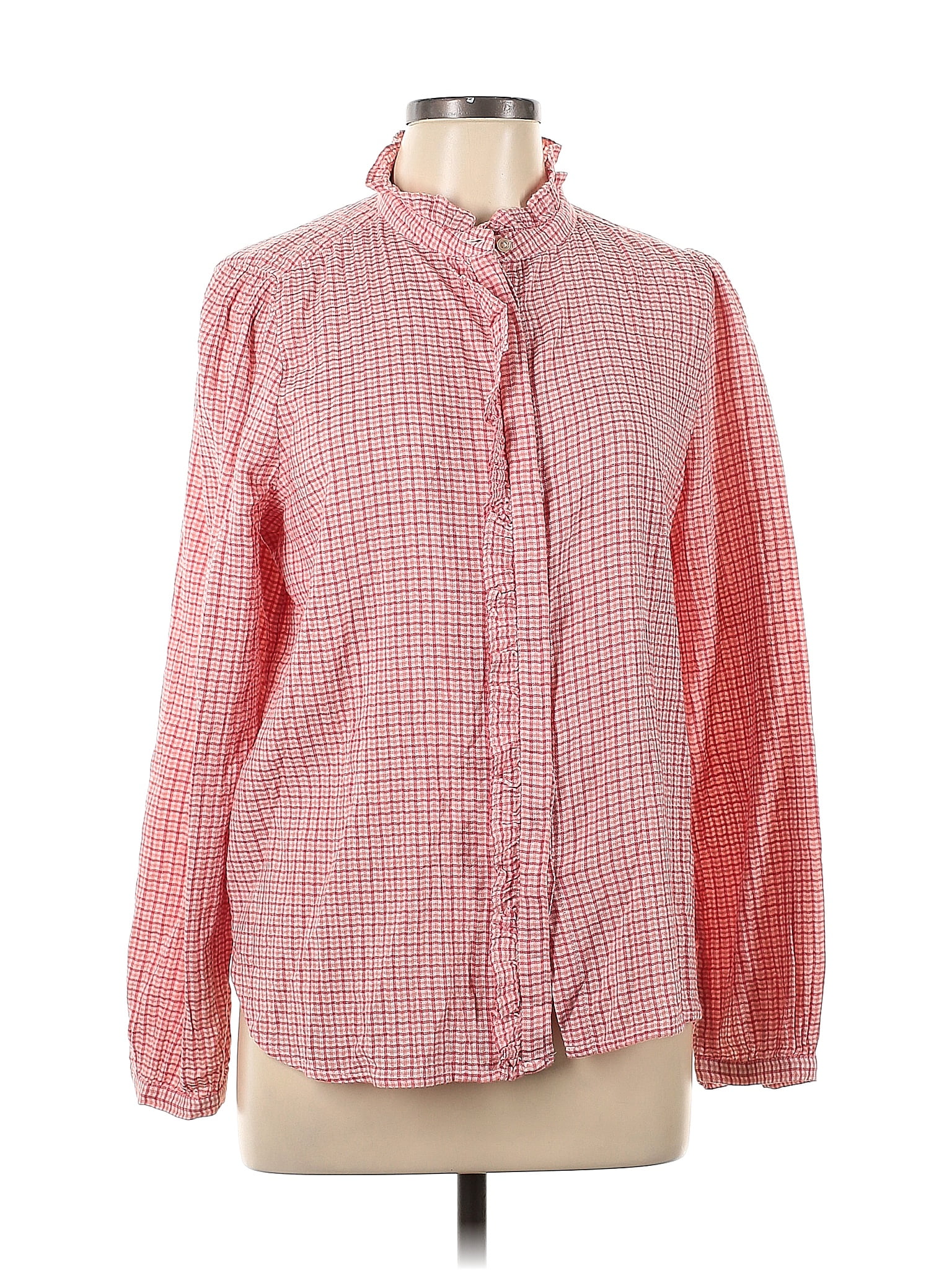 Ann Taylor LOFT Checkered-gingham Red Long Sleeve Button-Down Shirt ...