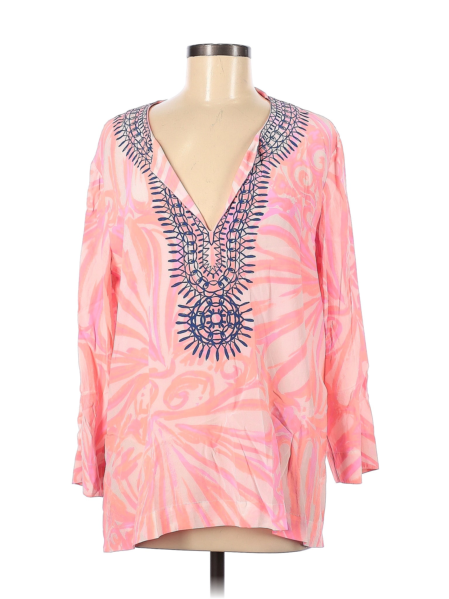 Lilly Pulitzer 100 Silk Color Block Tropical Pink Long Sleeve Blouse