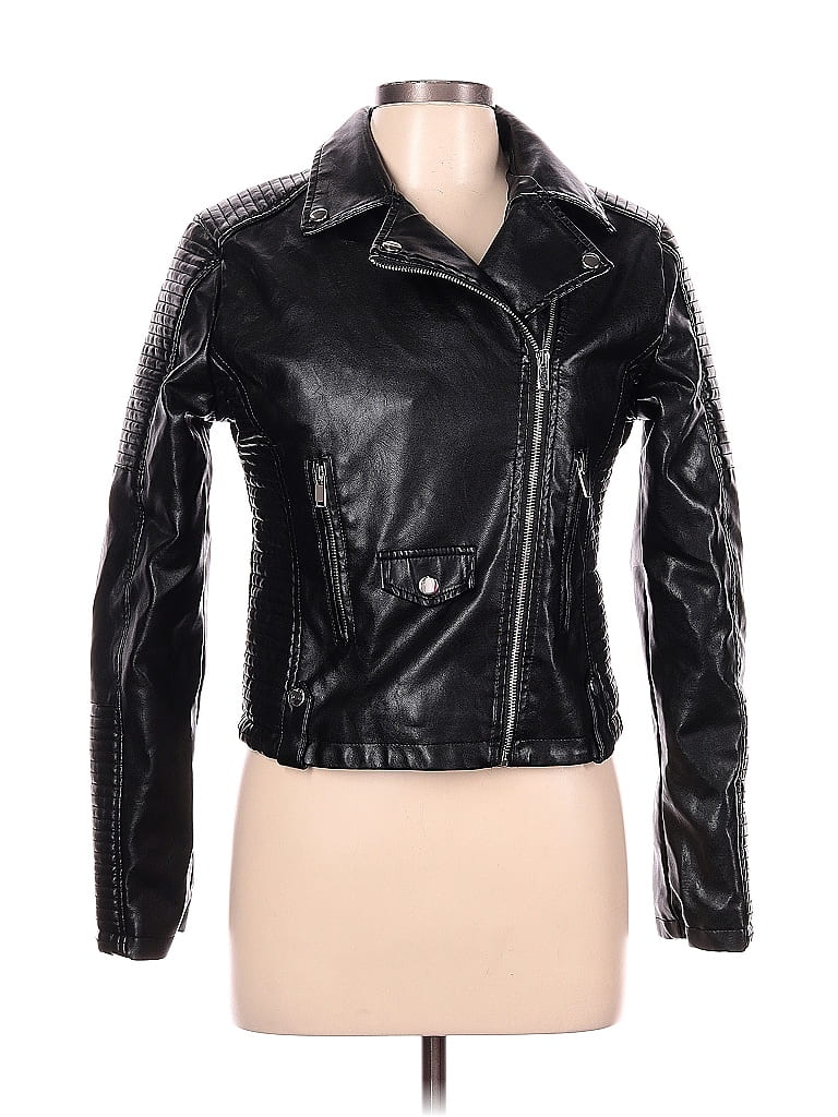 Fashion Nova 100% Polyester Solid Black Faux Leather Jacket Size L - 44% off | thredUP