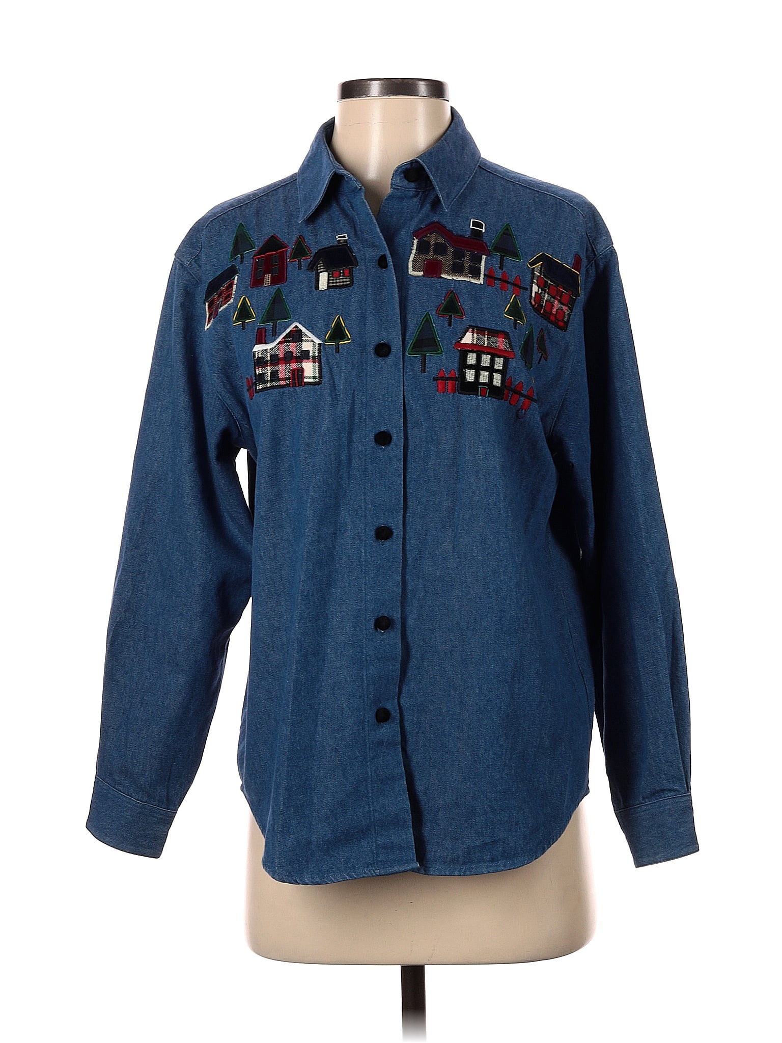 Talbots 100 Cotton Fair Isle Blue Long Sleeve Button Down Shirt Size S