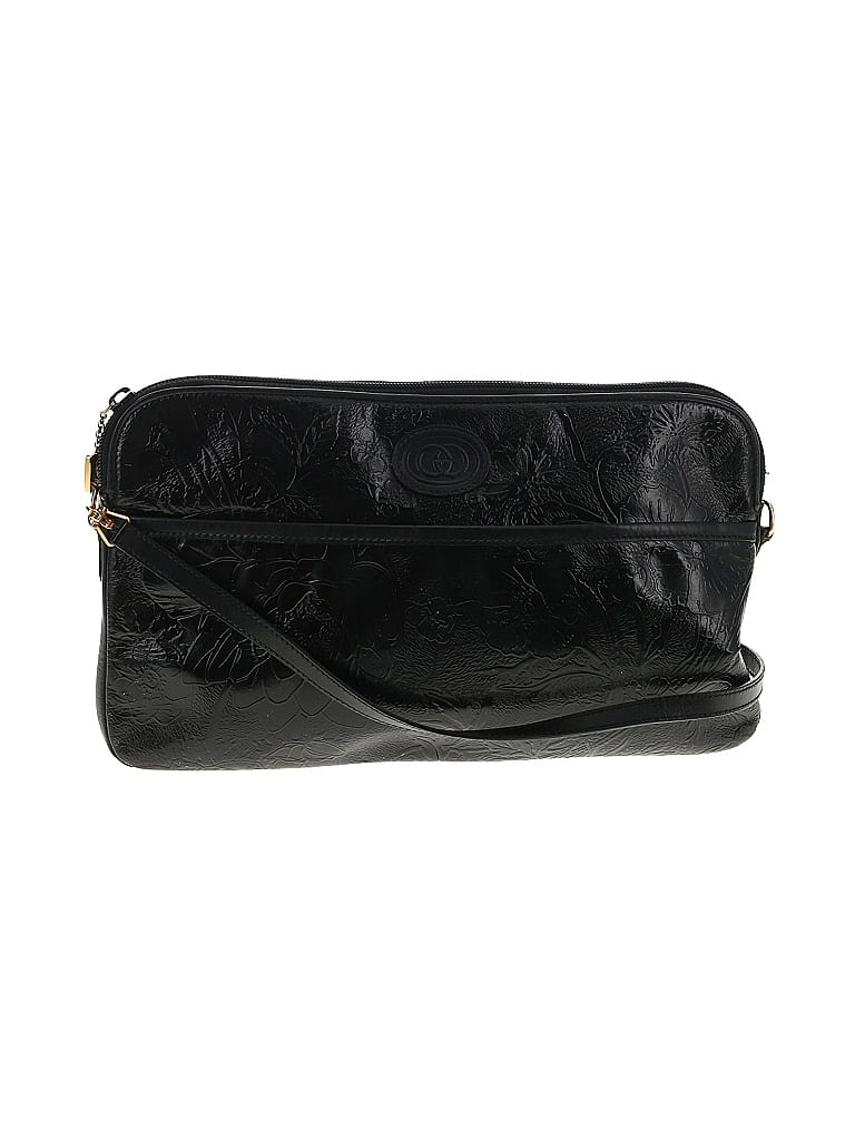 Gucci 100% Calf Leather Solid Black Floral Rectangular Zip Crossbody ...