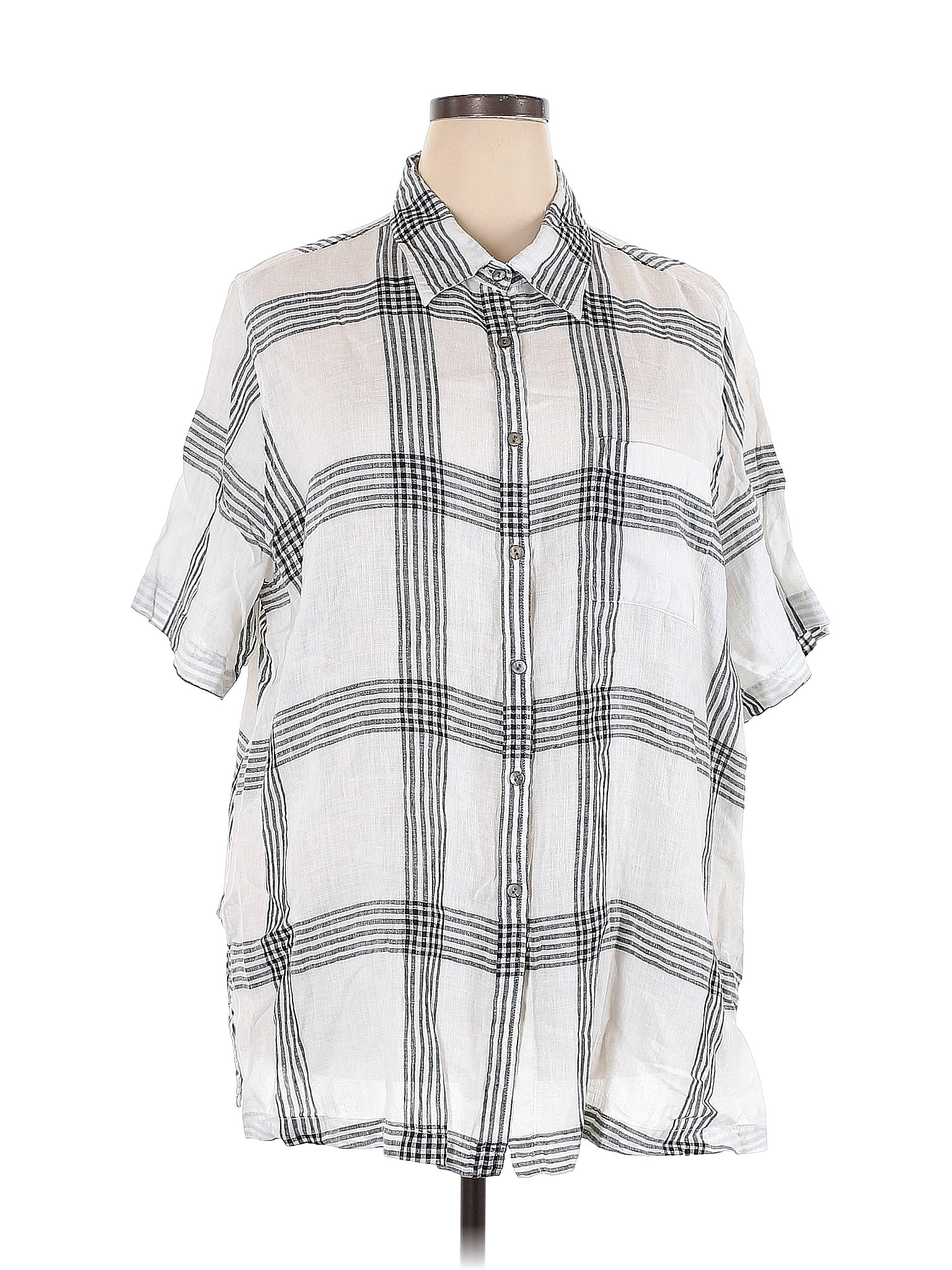 August Max Woman 100% Linen Plaid White Silver Short Sleeve Button-Down ...