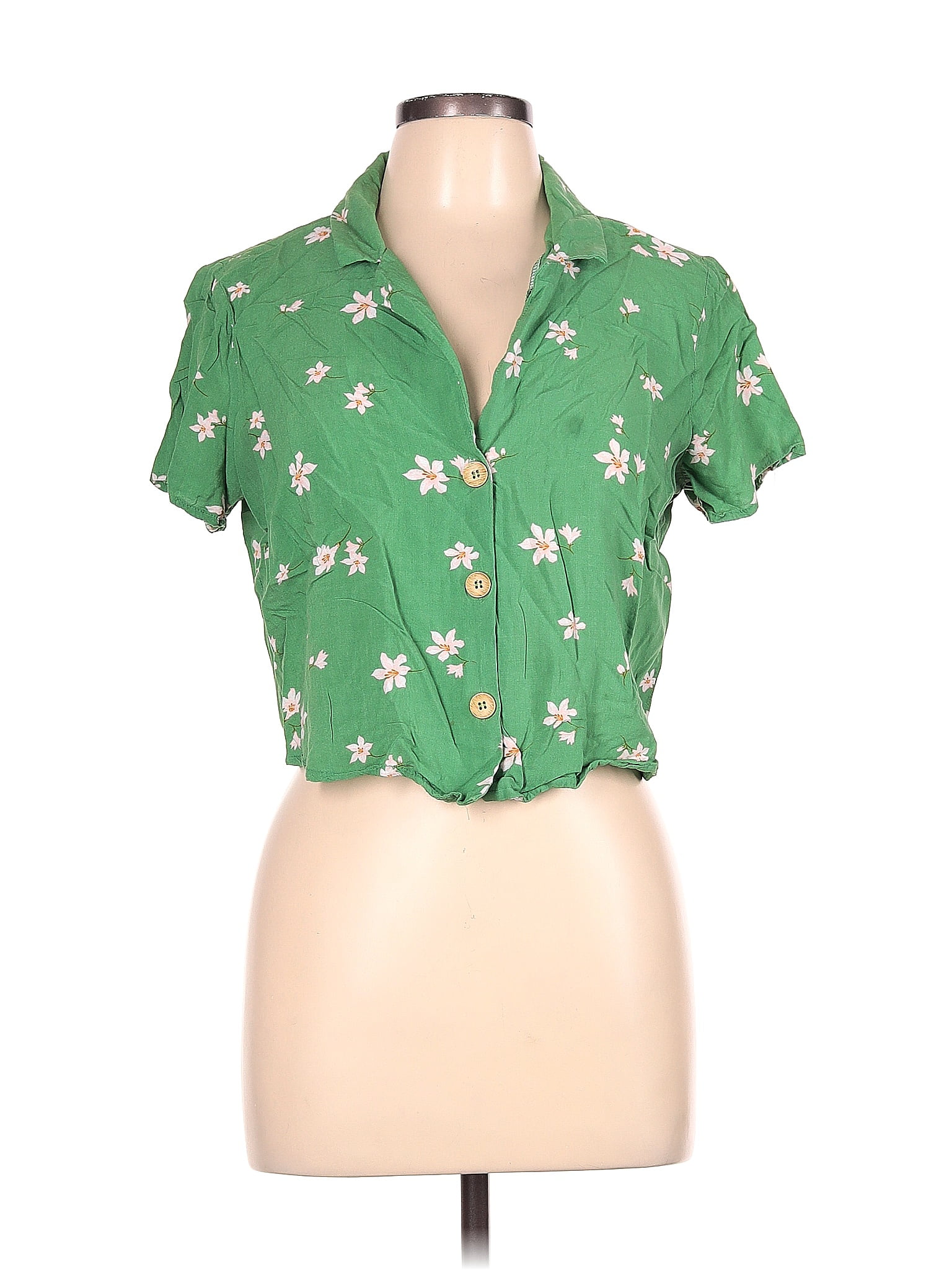 Lush 100 Rayon Floral Green Short Sleeve Button Down Shirt Size L 50