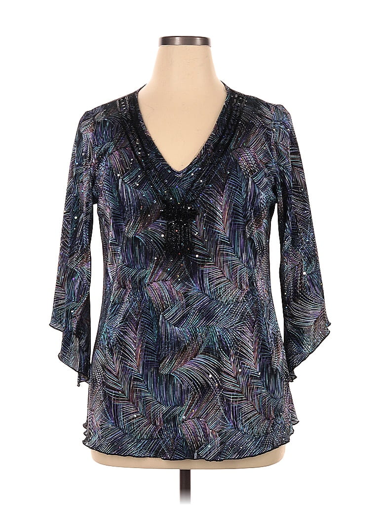 Cj Banks 100% Polyester Multi Color Blue Long Sleeve Blouse Size 1X ...