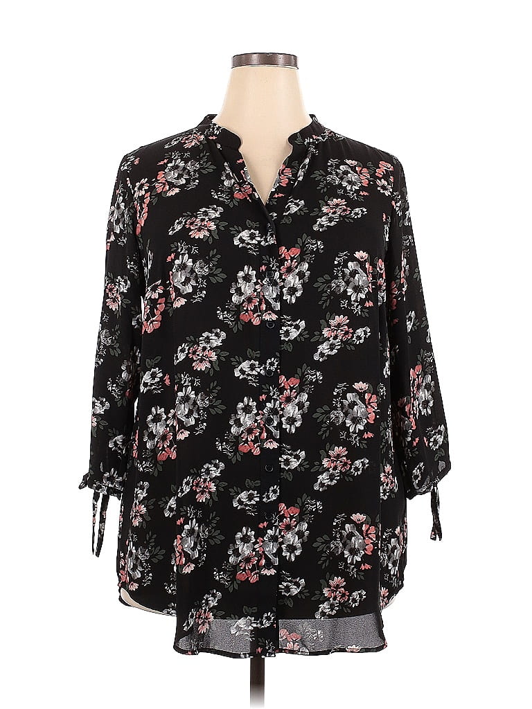 Joan Rivers 100 Polyester Floral Black Long Sleeve Blouse Size 18