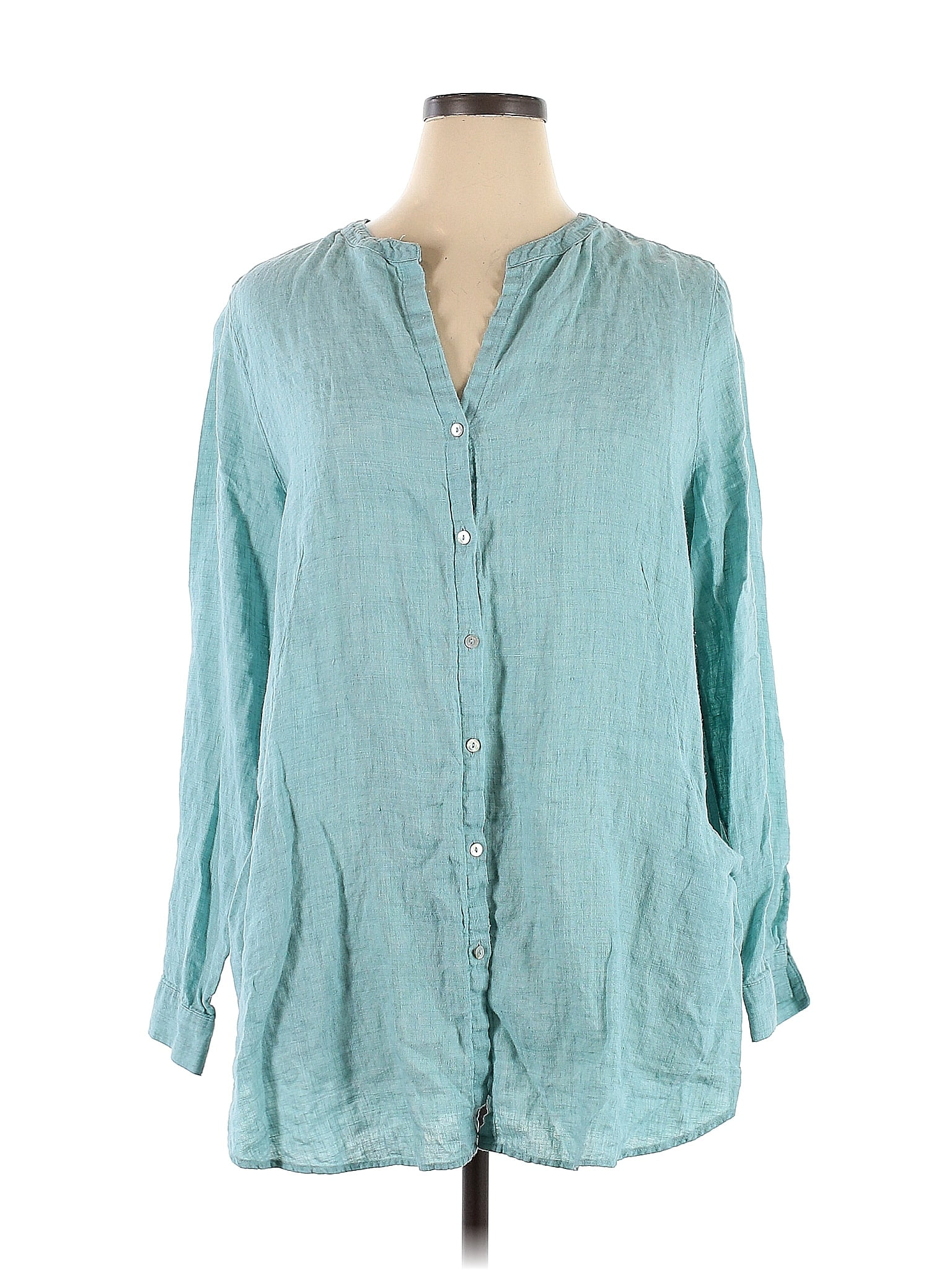 Sigrid Olsen 100 Linen Teal Long Sleeve Button Down Shirt Size Xl 76