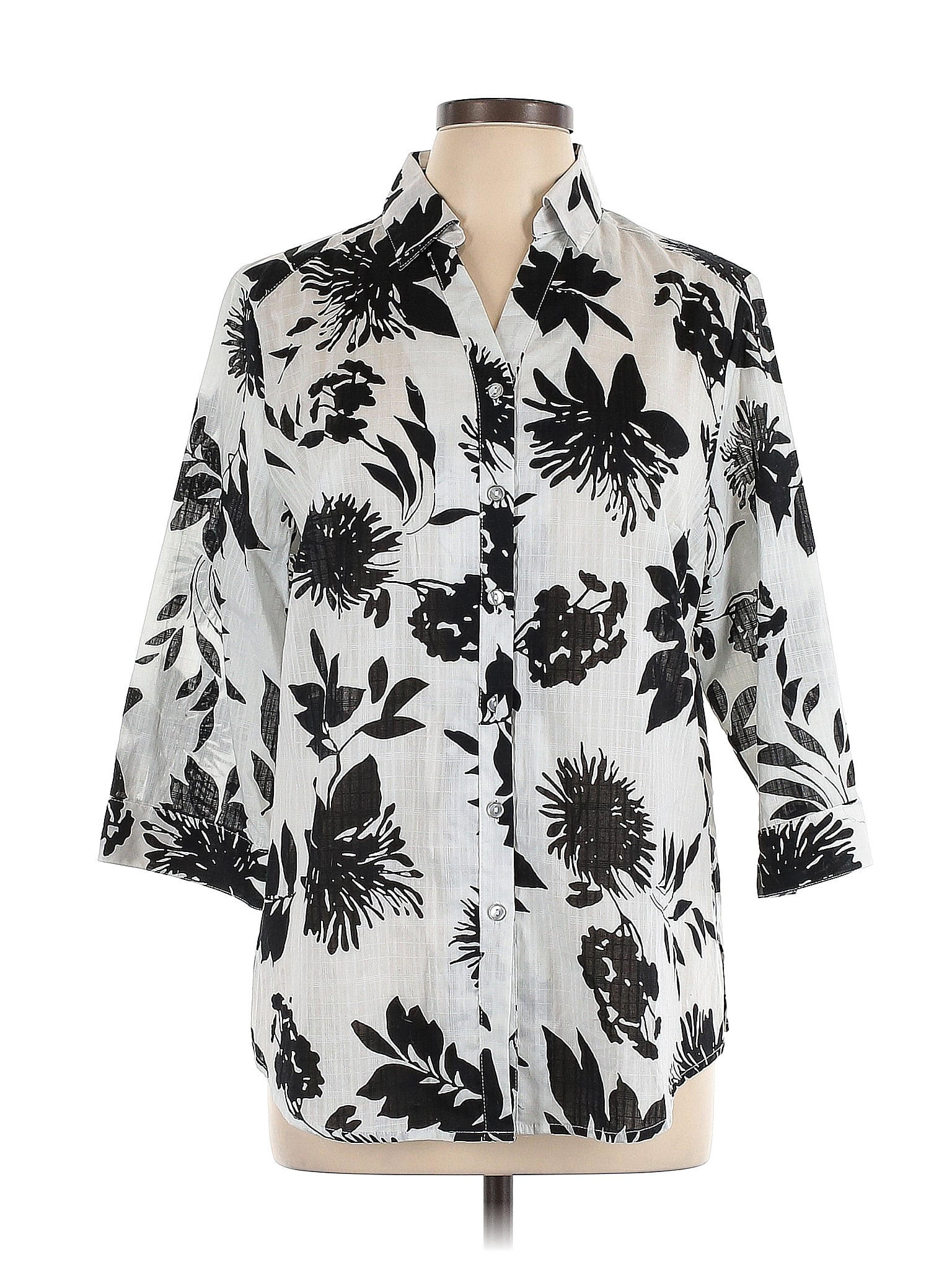 Allison Daley 100% Cotton Color Block Floral White Silver Long Sleeve ...