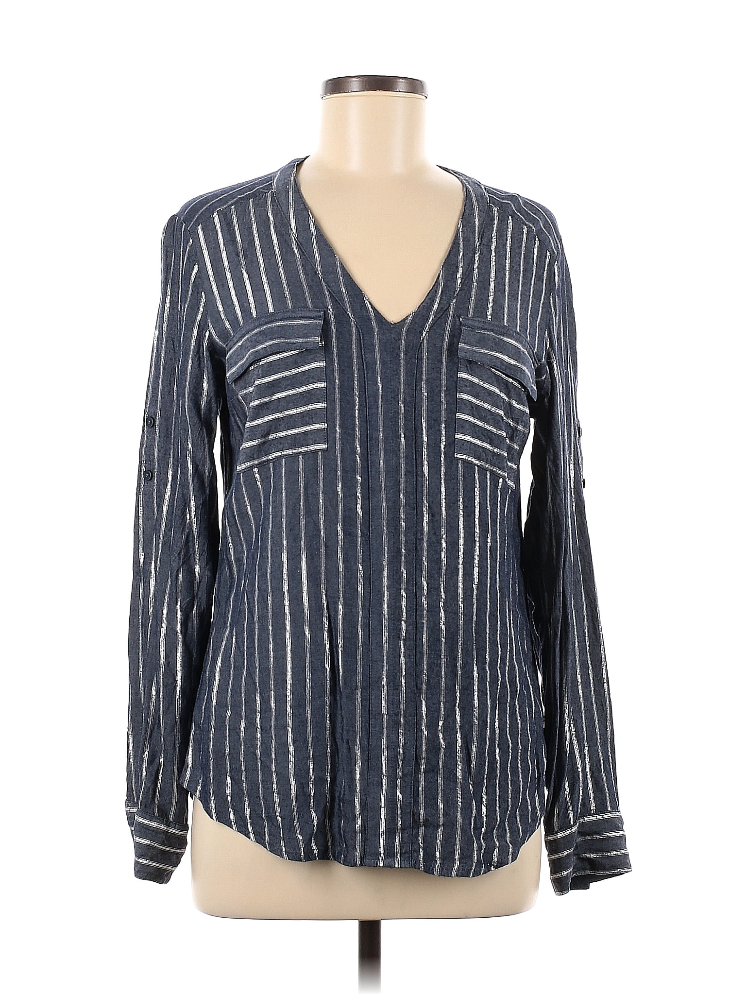 Express Stripes Blue Long Sleeve Blouse Size M 76 Off Thredup
