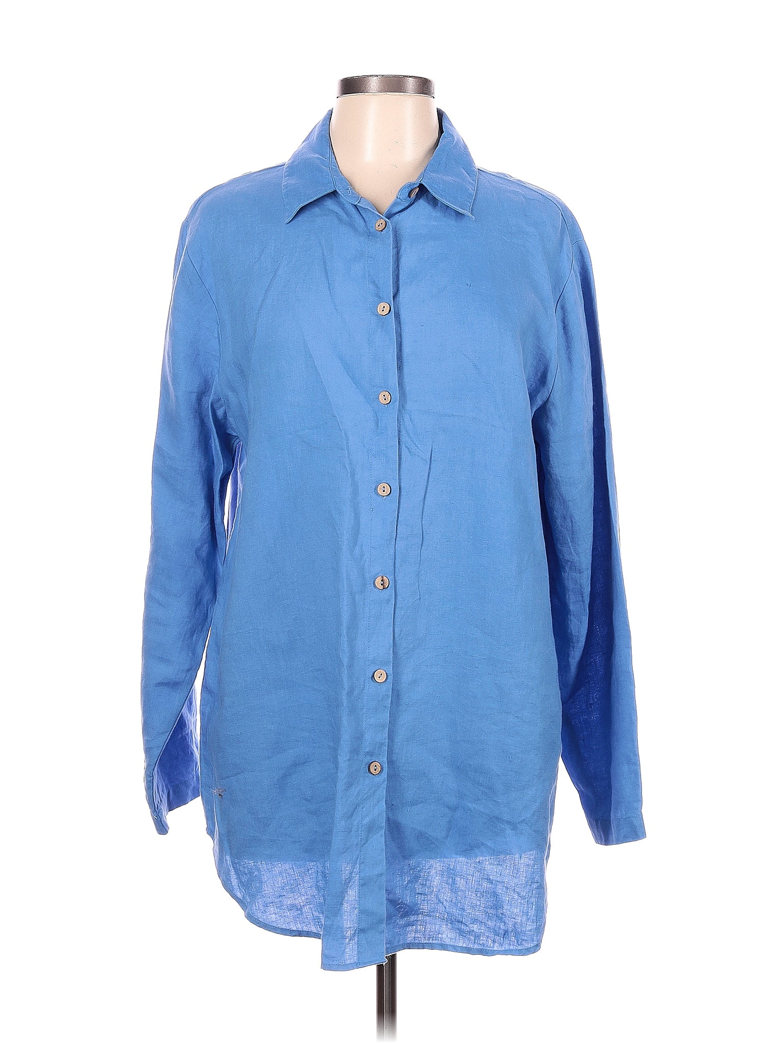 Soft Surroundings 100 Linen Solid Blue Long Sleeve Button Down Shirt