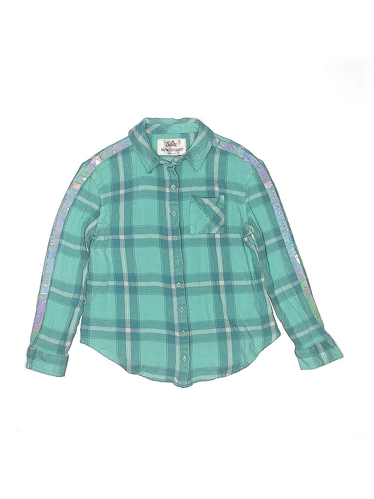 Justice 100% Viscose Plaid Teal Long Sleeve Button-Down Shirt Size 14 ...