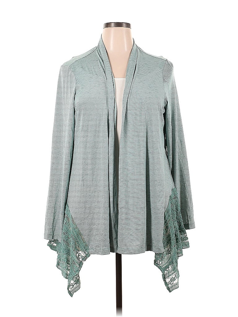 Logo By Lori Goldstein Color Block Stripes Multi Color Teal Cardigan