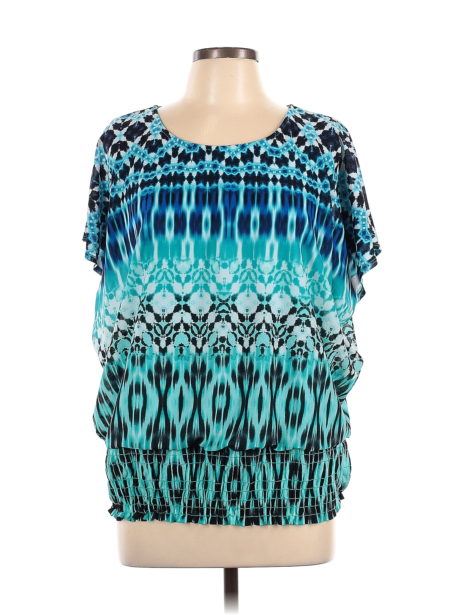 Roz And Ali 100 Polyester Multi Color Teal Short Sleeve Top Size L 81