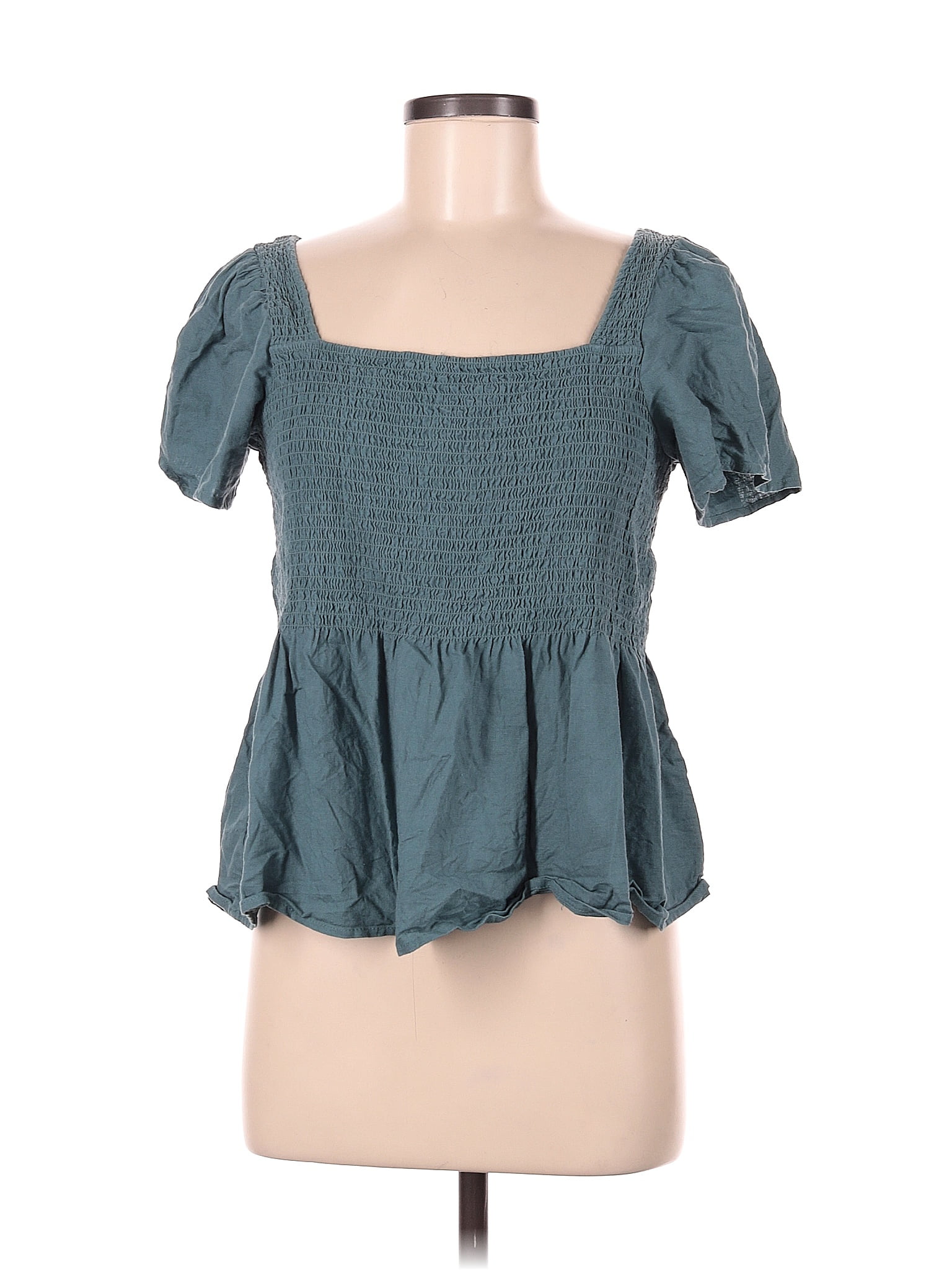Madewell Polka Dots Teal Linen-Blend Lucie Smocked Peplum Top Size M ...