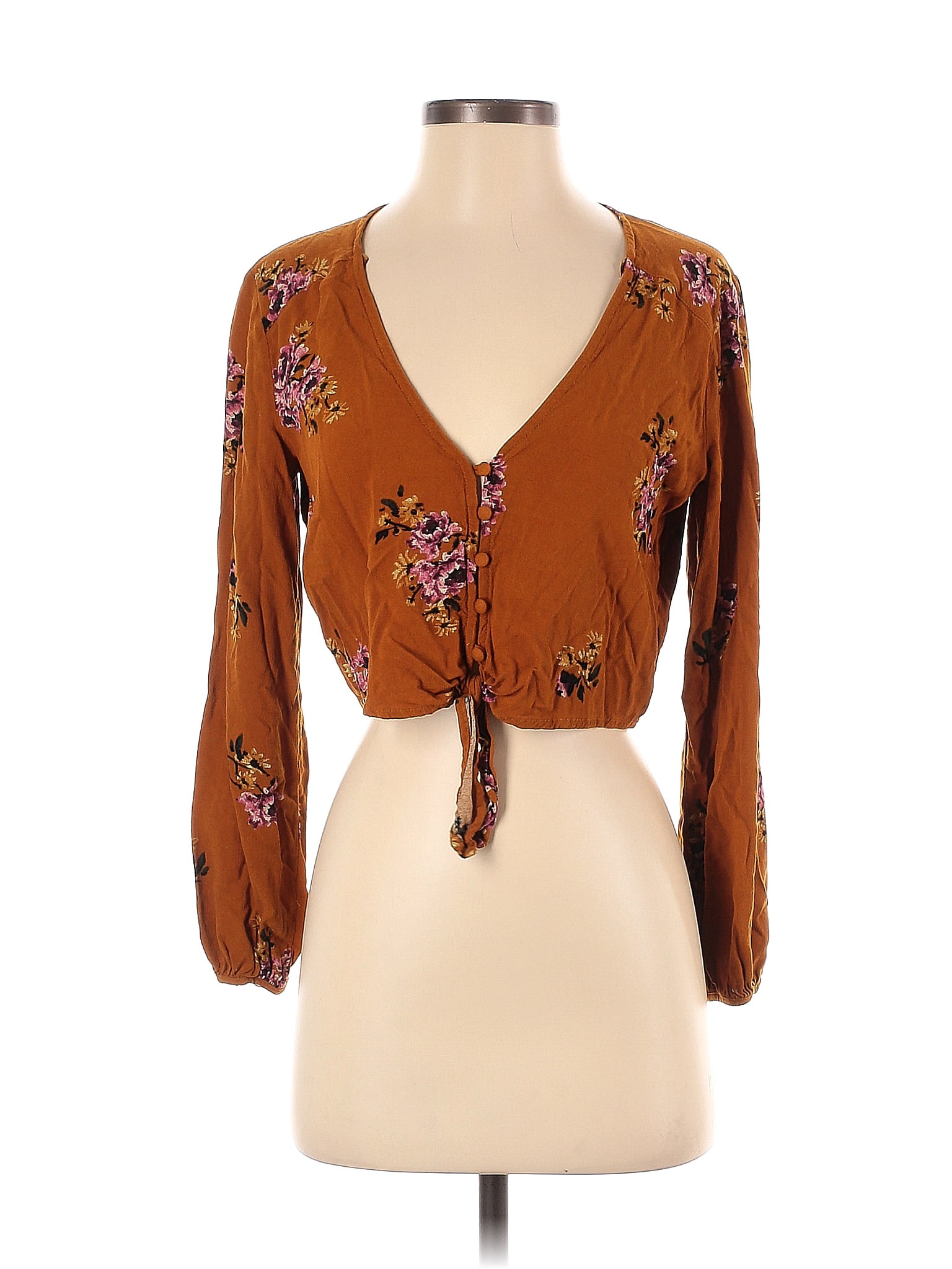 Wild Fable 100 Rayon Floral Brown Long Sleeve Blouse Size S 46 Off
