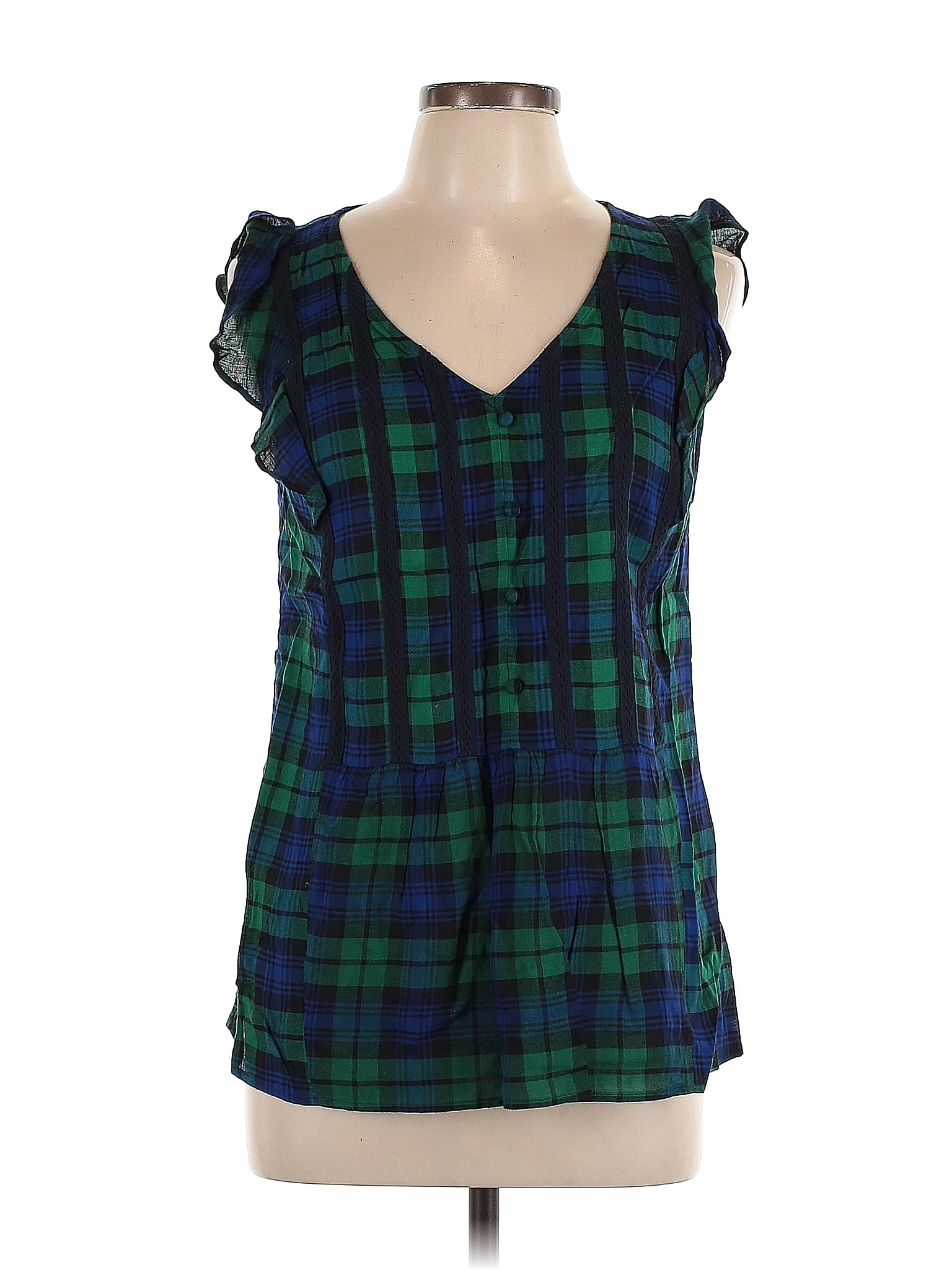 ModCloth 100% Rayon Plaid Multi Color Green Short Sleeve Blouse Size L ...