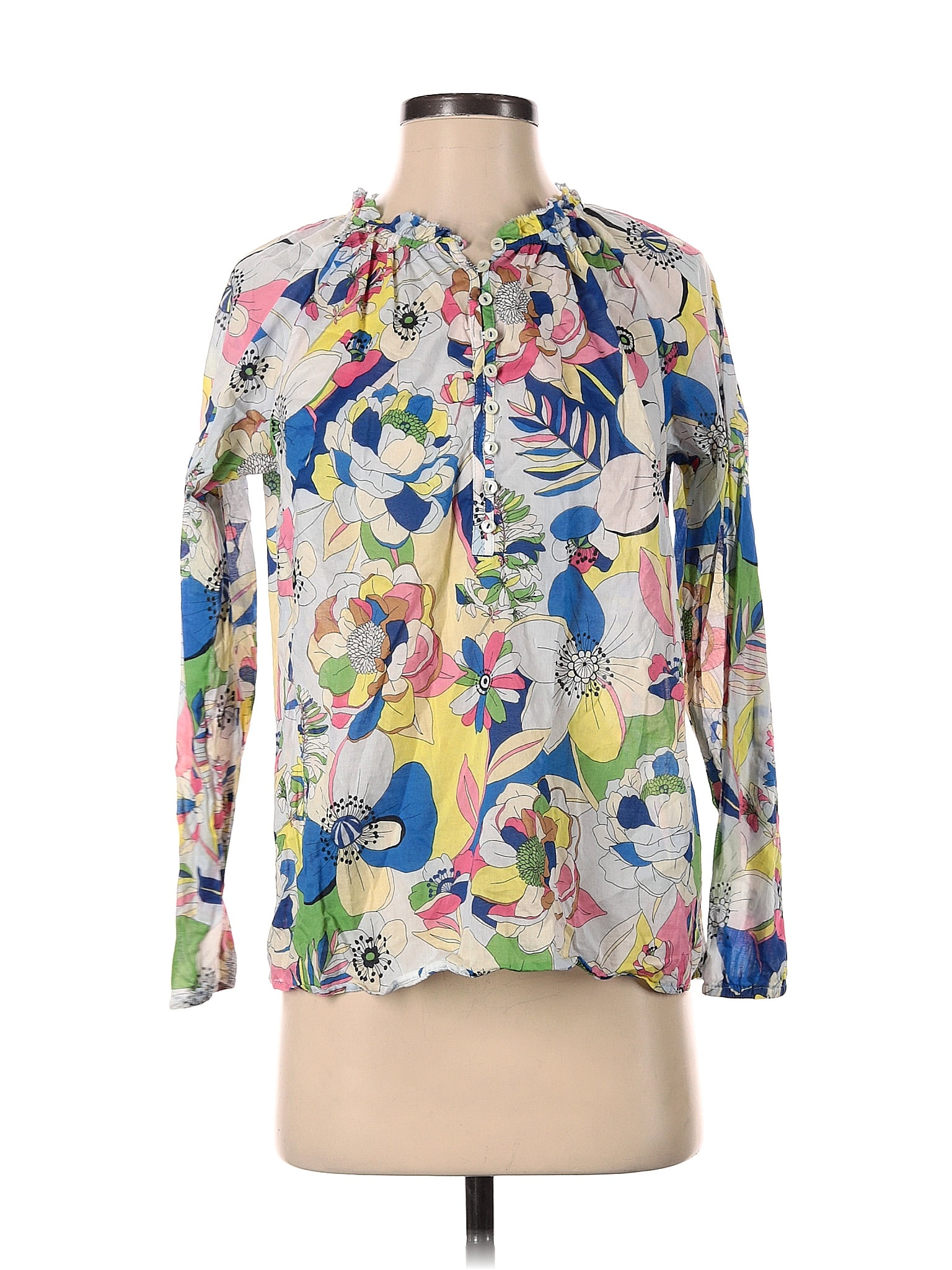 Talbots 100% Cotton Floral Blue Long Sleeve Blouse Size S (Petite) - 76 ...