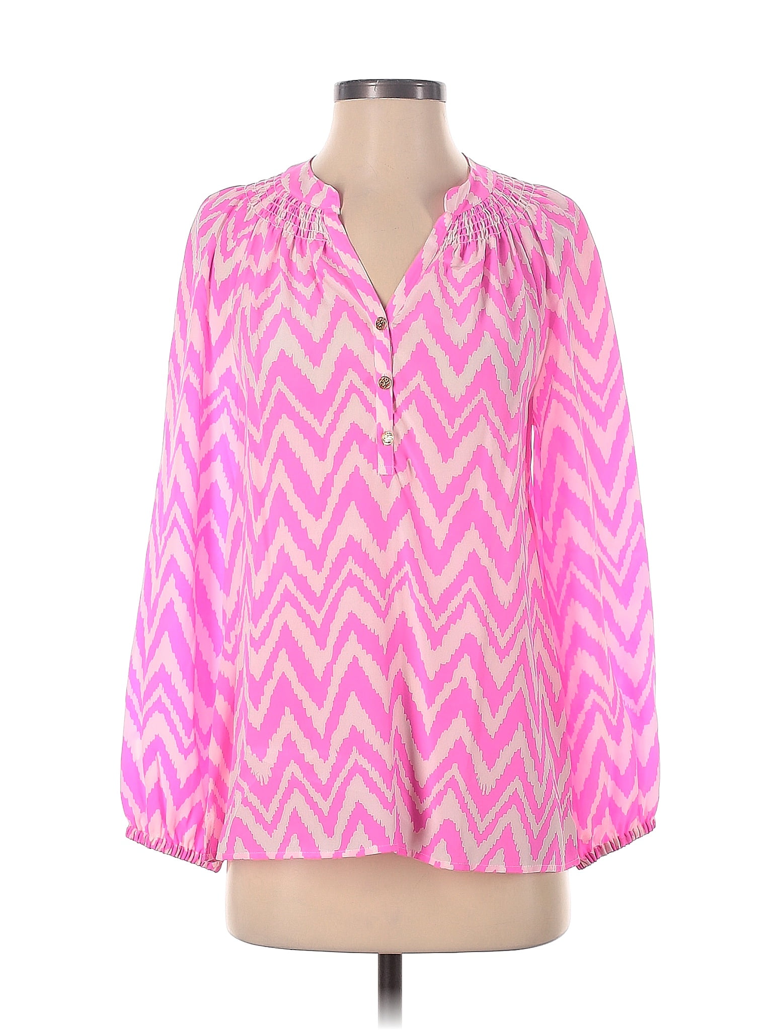 Lilly Pulitzer 100 Silk Chevron Herringbone Chevron Pink Long Sleeve