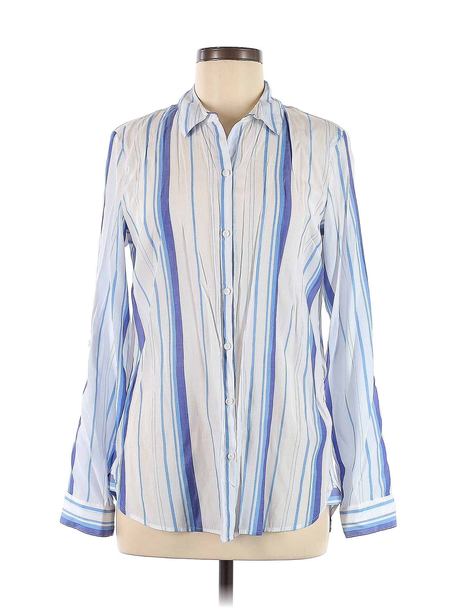 Express Stripes White Blue Long Sleeve Blouse Size M 67 Off Thredup