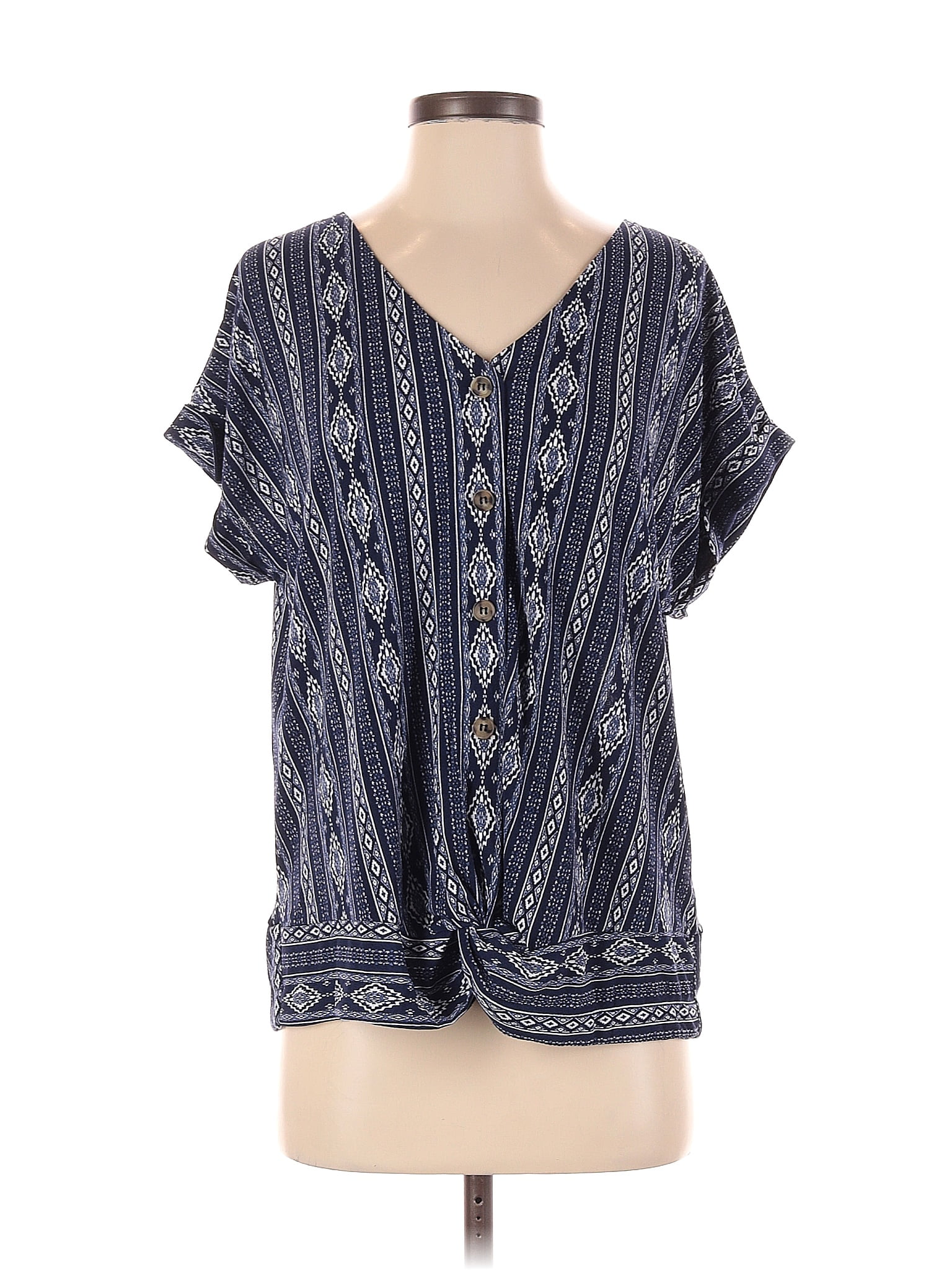 Flower And Feather Stripes Multi Color Blue Short Sleeve Blouse Size L