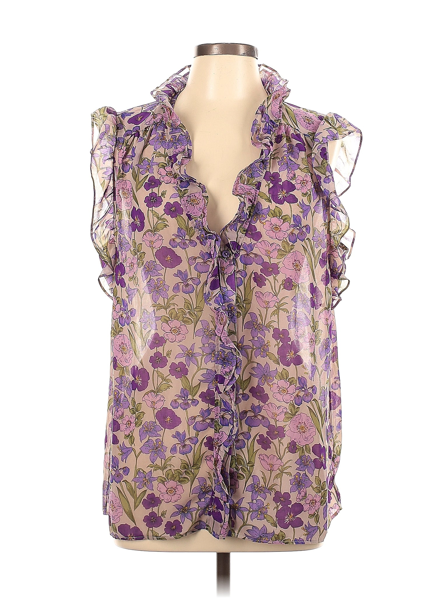 Cabi 100 Polyester Floral Purple Short Sleeve Blouse Size L 53 Off